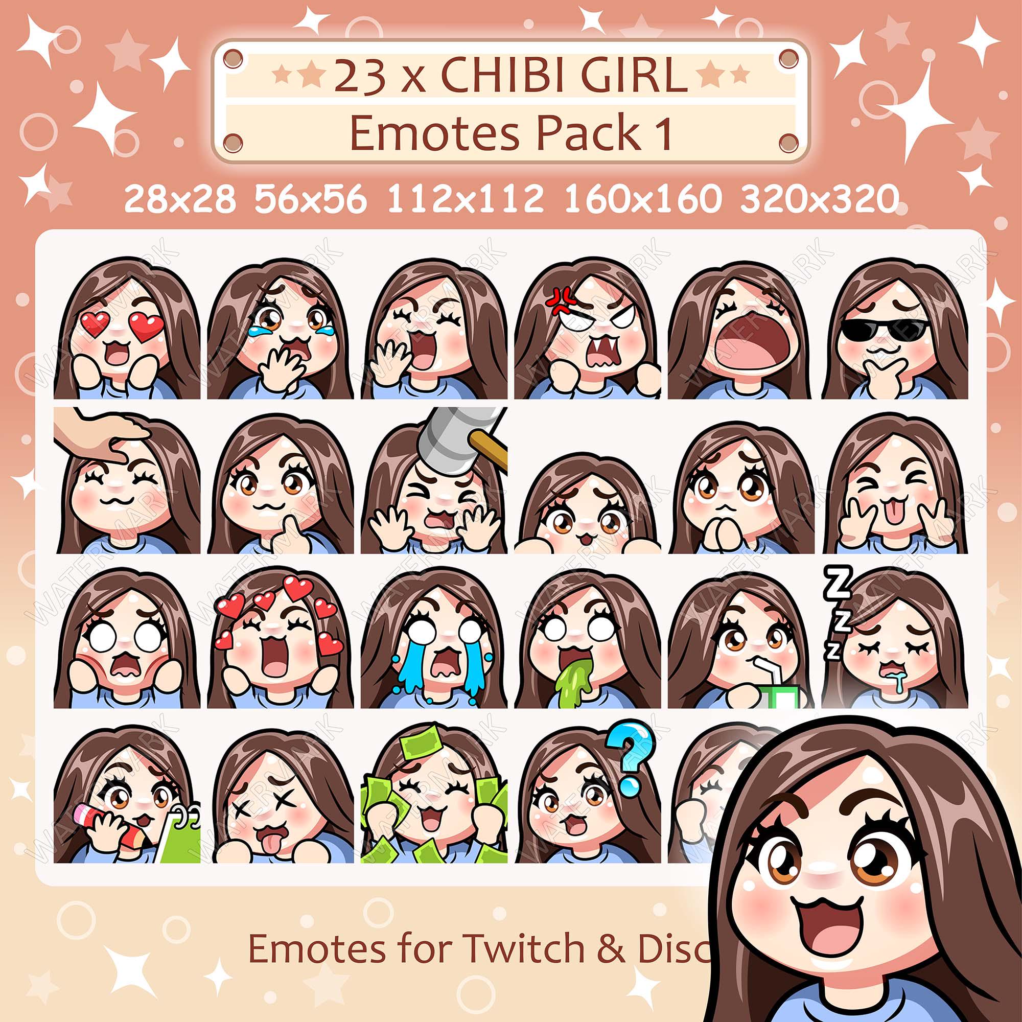 Chibi Girl Emotes X 23 Pack 1 for Twitch & Discord Emote | Brown Hair ...
