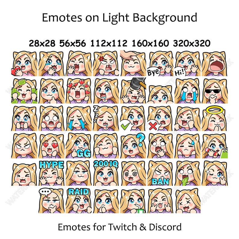 46 Cat Girl Emotes Pack, Blonde Hair, Yellow Hair, Blue Eyes, Light ...