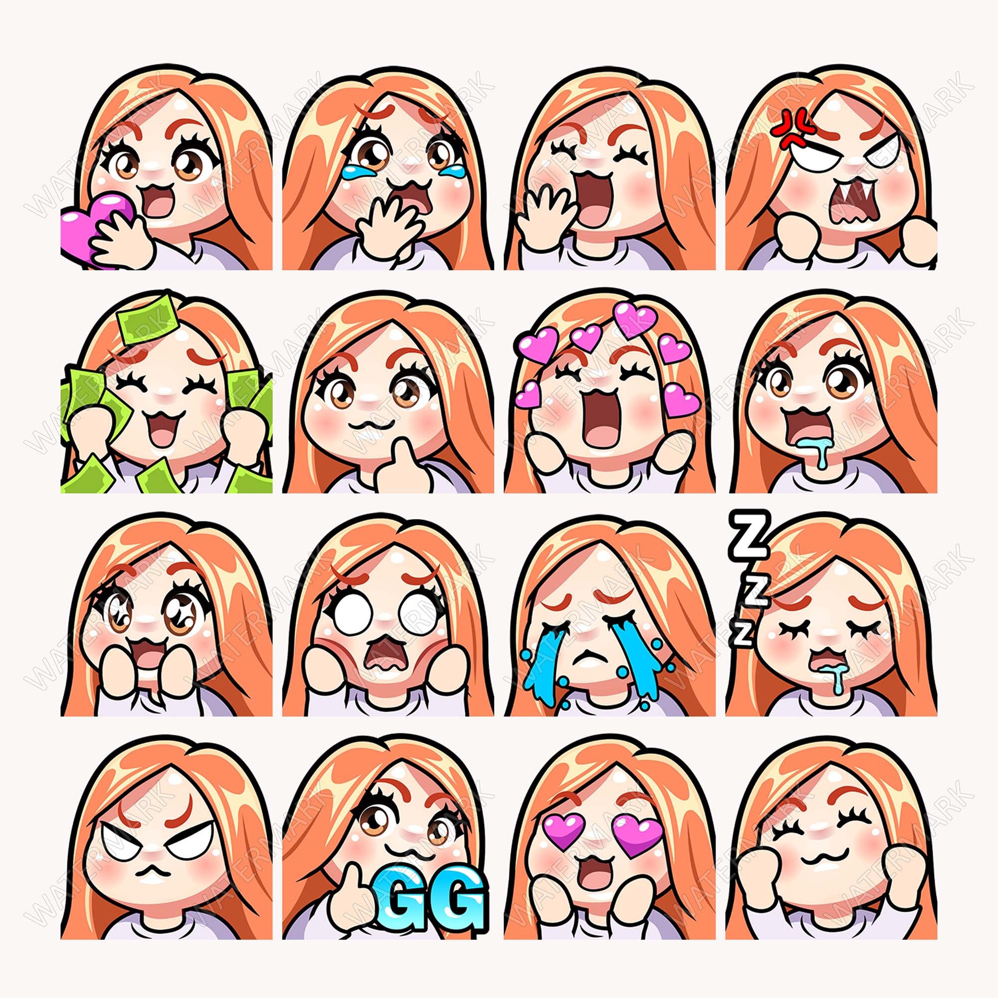 Chibi Girl Emotes X 46 for Twitch & Discord Emote Ginger Hair, Brown ...