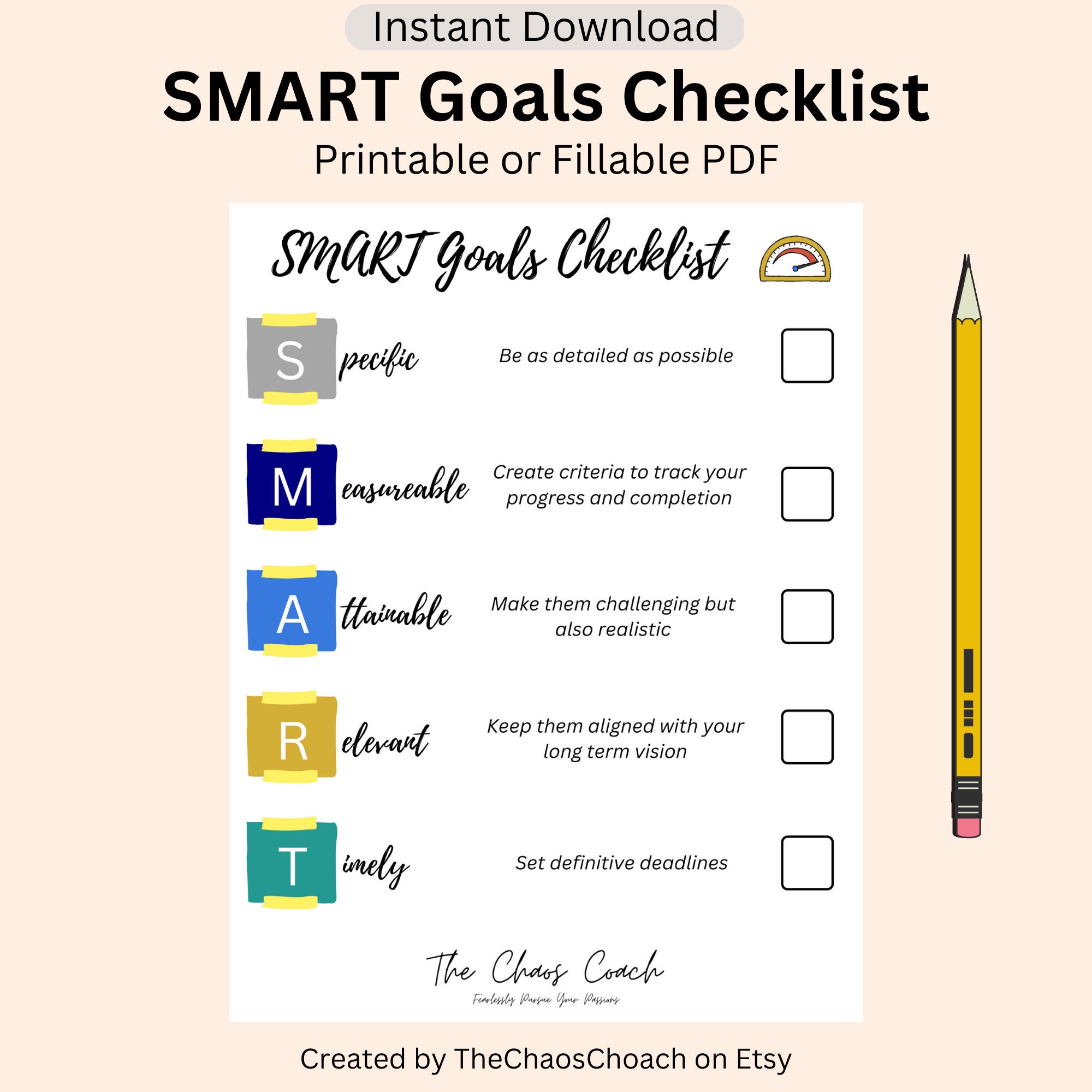SMART Goals Checklist Printable Checklist Template Instant Download for ...