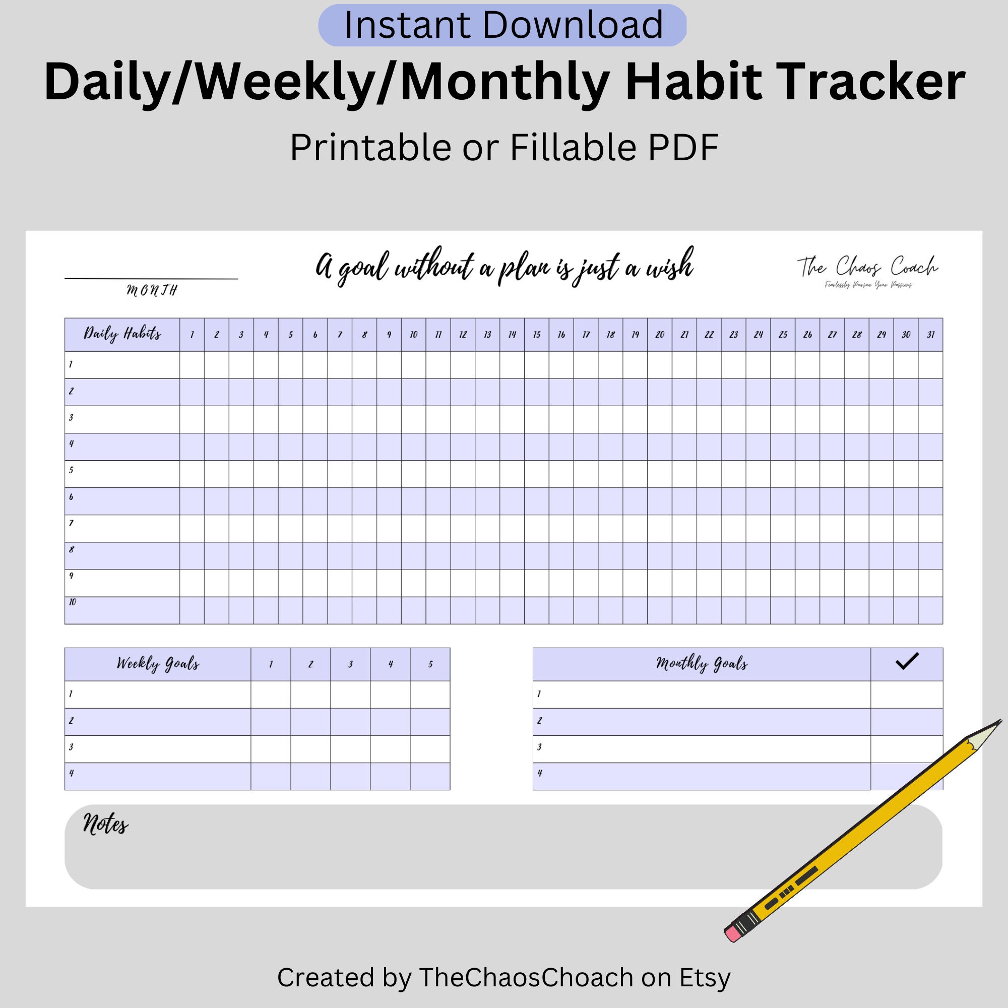 Habit Tracker Printable for Accountability and Goal Setting, Habit ...