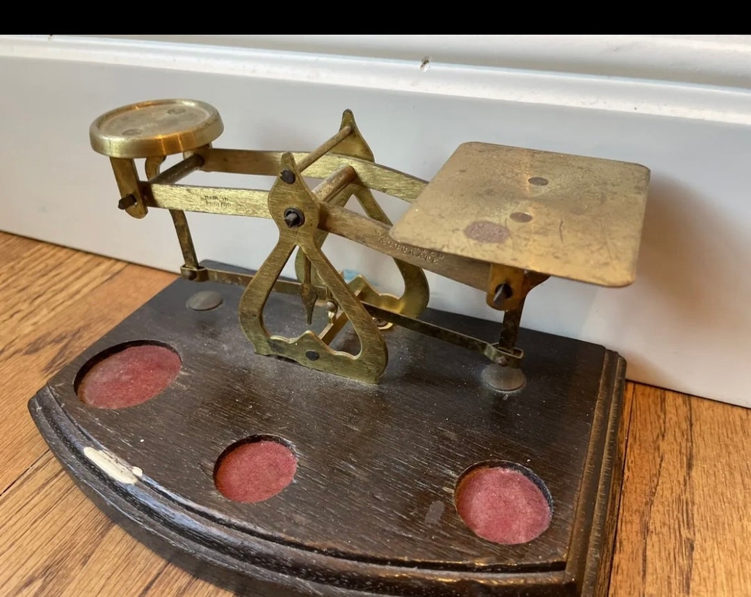Antique English Brass Postal Scale Postage Memorabilia W/ Wooden Base ...