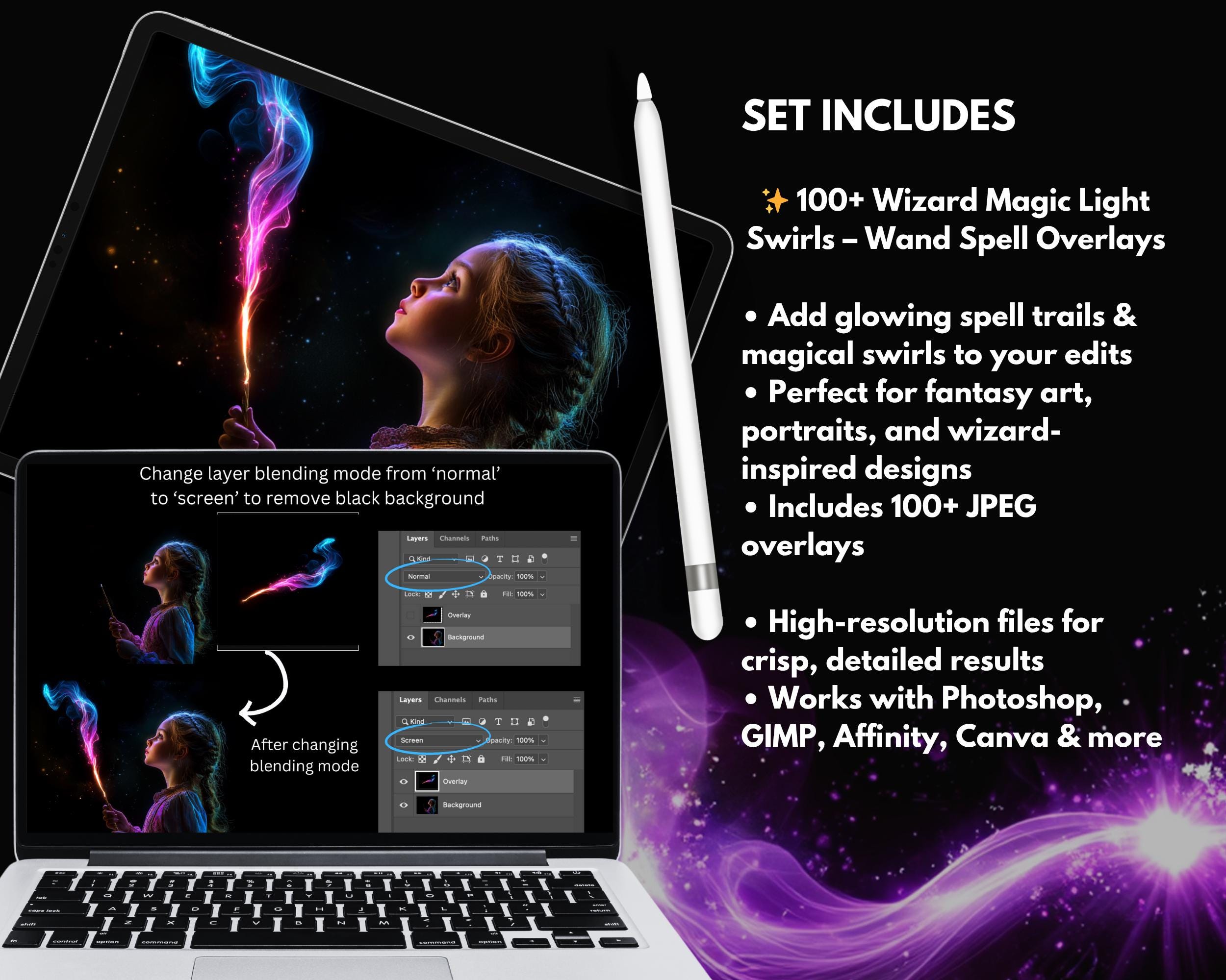 Magic Wand Photoshop Overlays: Wizard & Witch Effects (brushes Included ...
