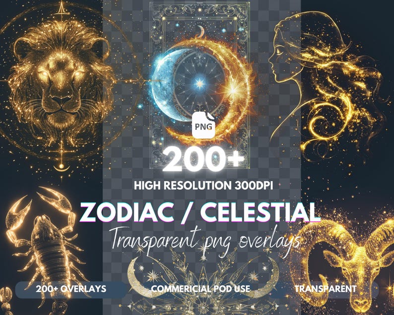 Zodiac Celestial PNG Overlays: Glowing Astrology Clipart (digital ...