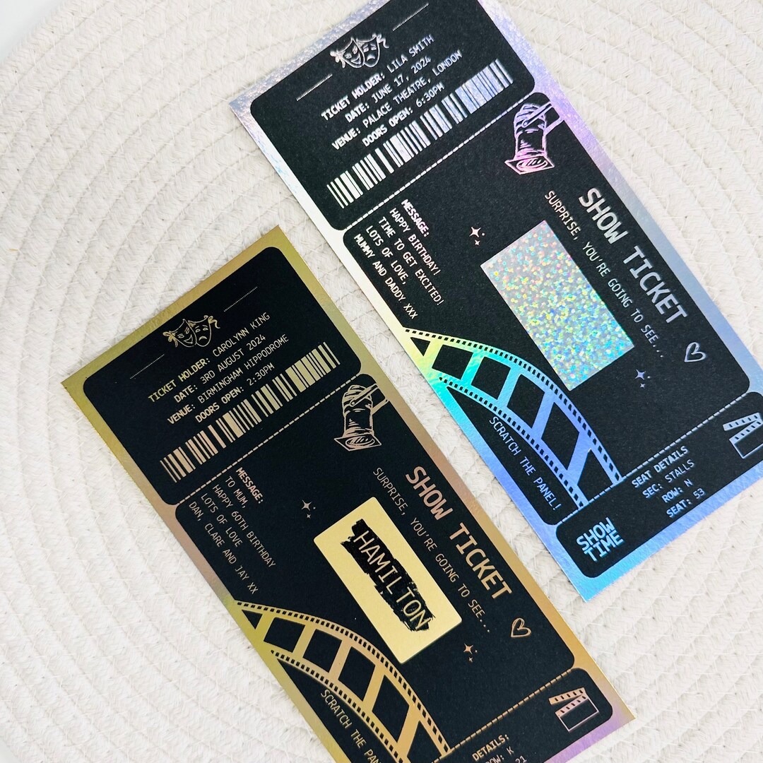 Personalised Black Foiled Theatre Scratch Reveal Ticket | Theatre ...