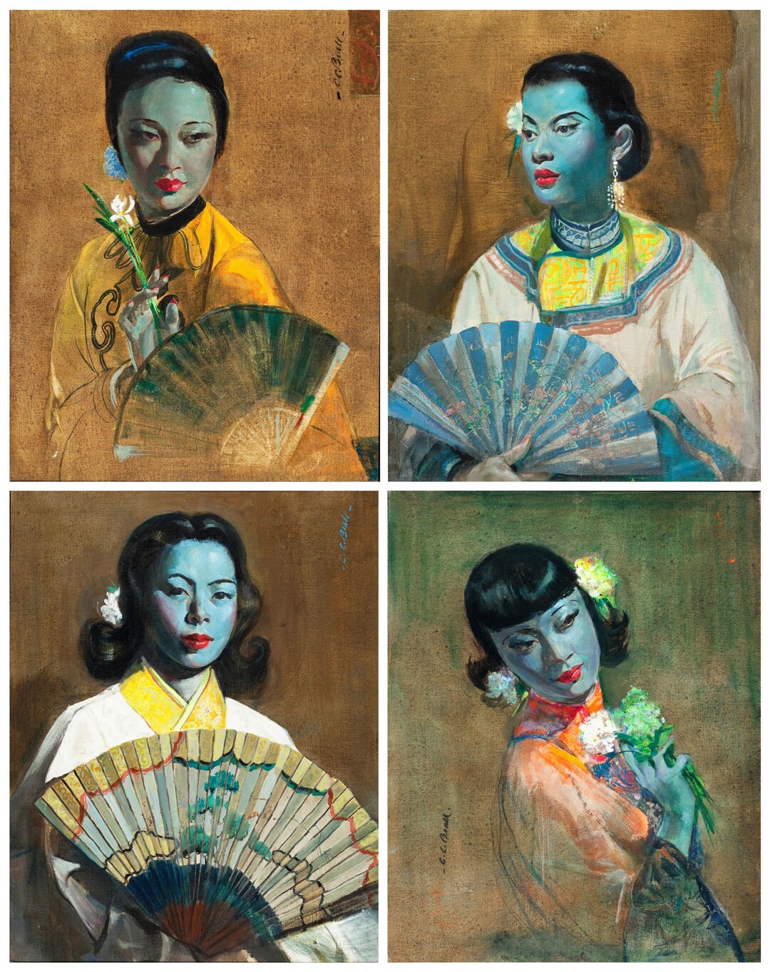 Cecil Beall Tretchikoff Era the Fan Set of 4 Prints - PRINTABLE Art ...