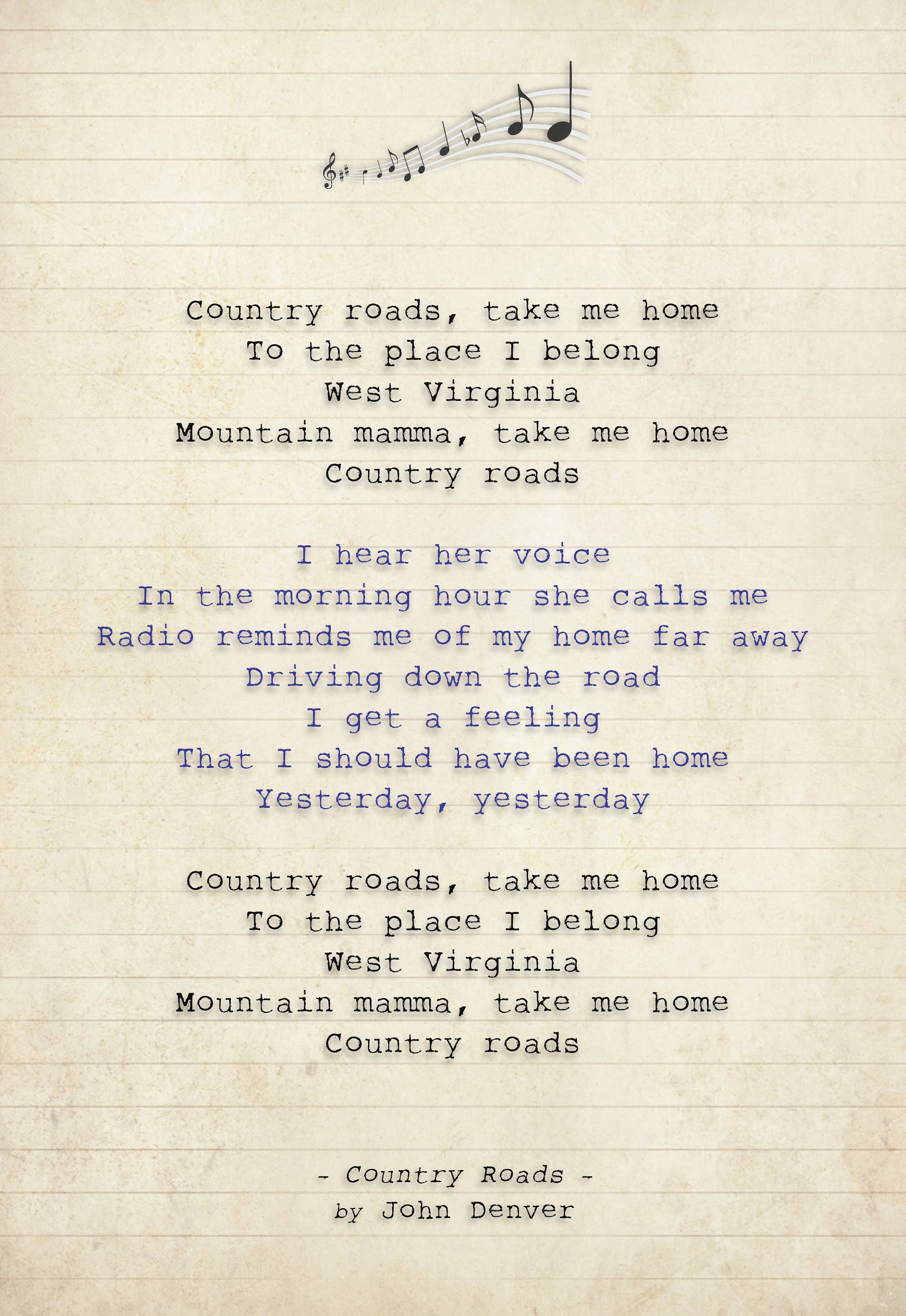 John Denver Country Roads Song Lyric Art Poster Print Sizes A4 A3 - Etsy