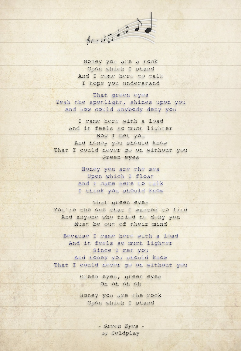Coldplay - Green Eyes - Song Lyric Art Poster Print - Sizes A4 A3 - Etsy