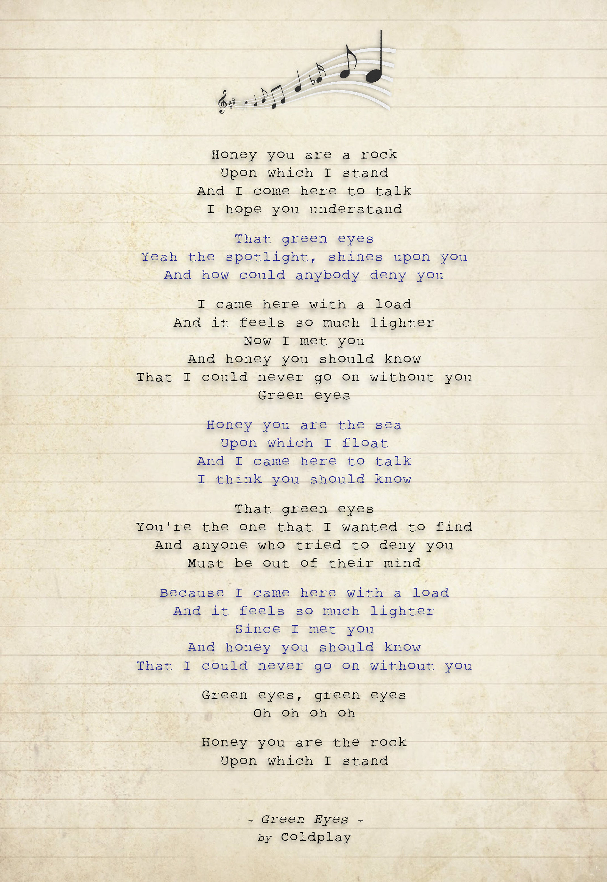 Coldplay Green Eyes Song Lyric Art Poster Print Sizes A4 A3 - Etsy