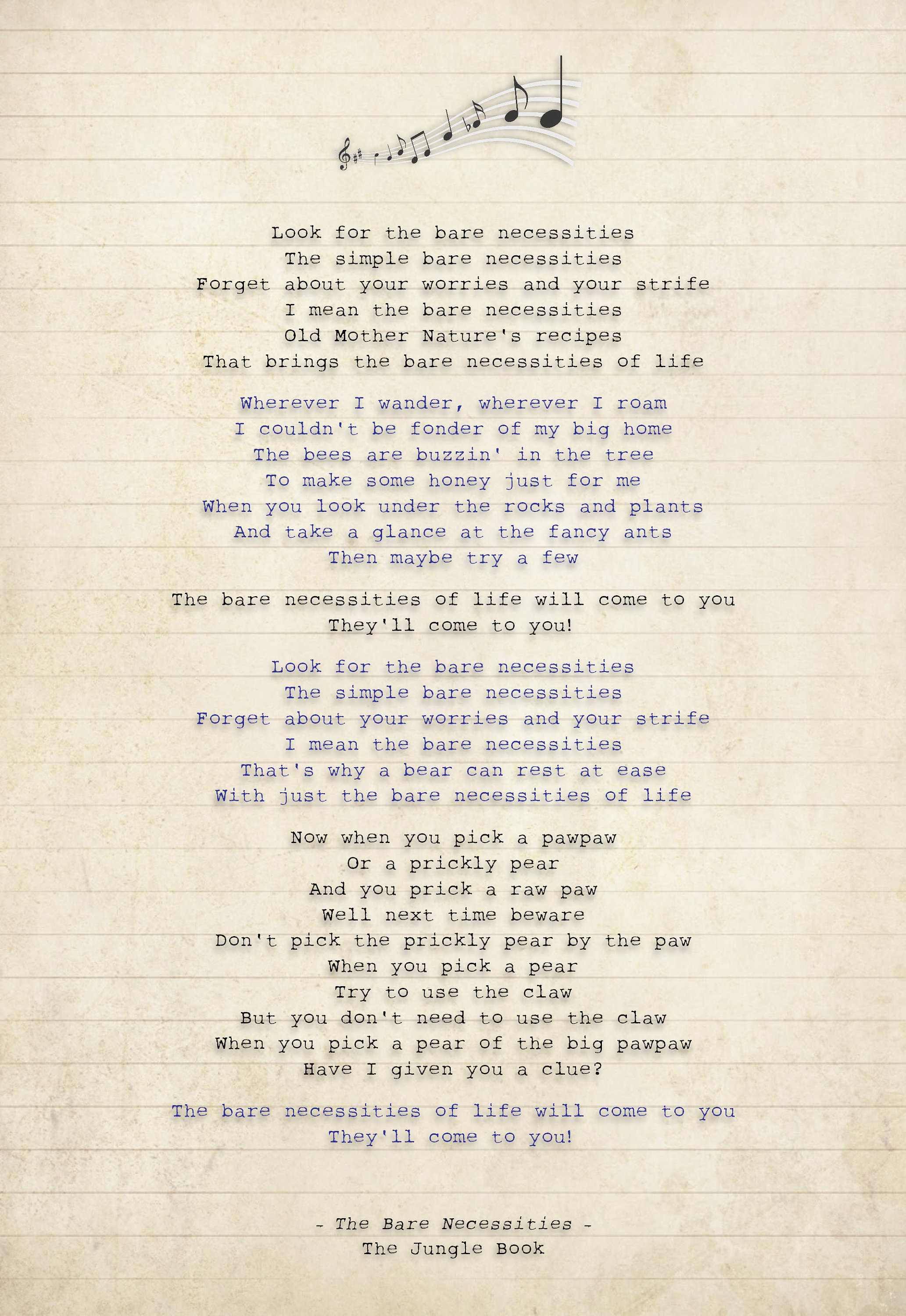 The Jungle Book - the Bare Necessities - Song Lyric Art Poster Print ...