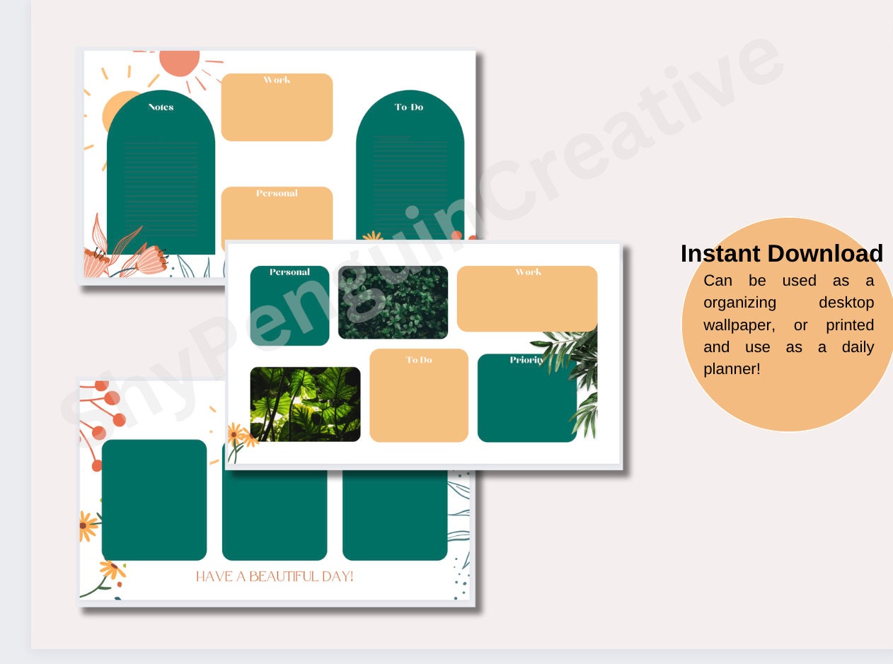 3 Styles, Green & Yellow, Desktop Organizer, Wallpaper, Printable ...