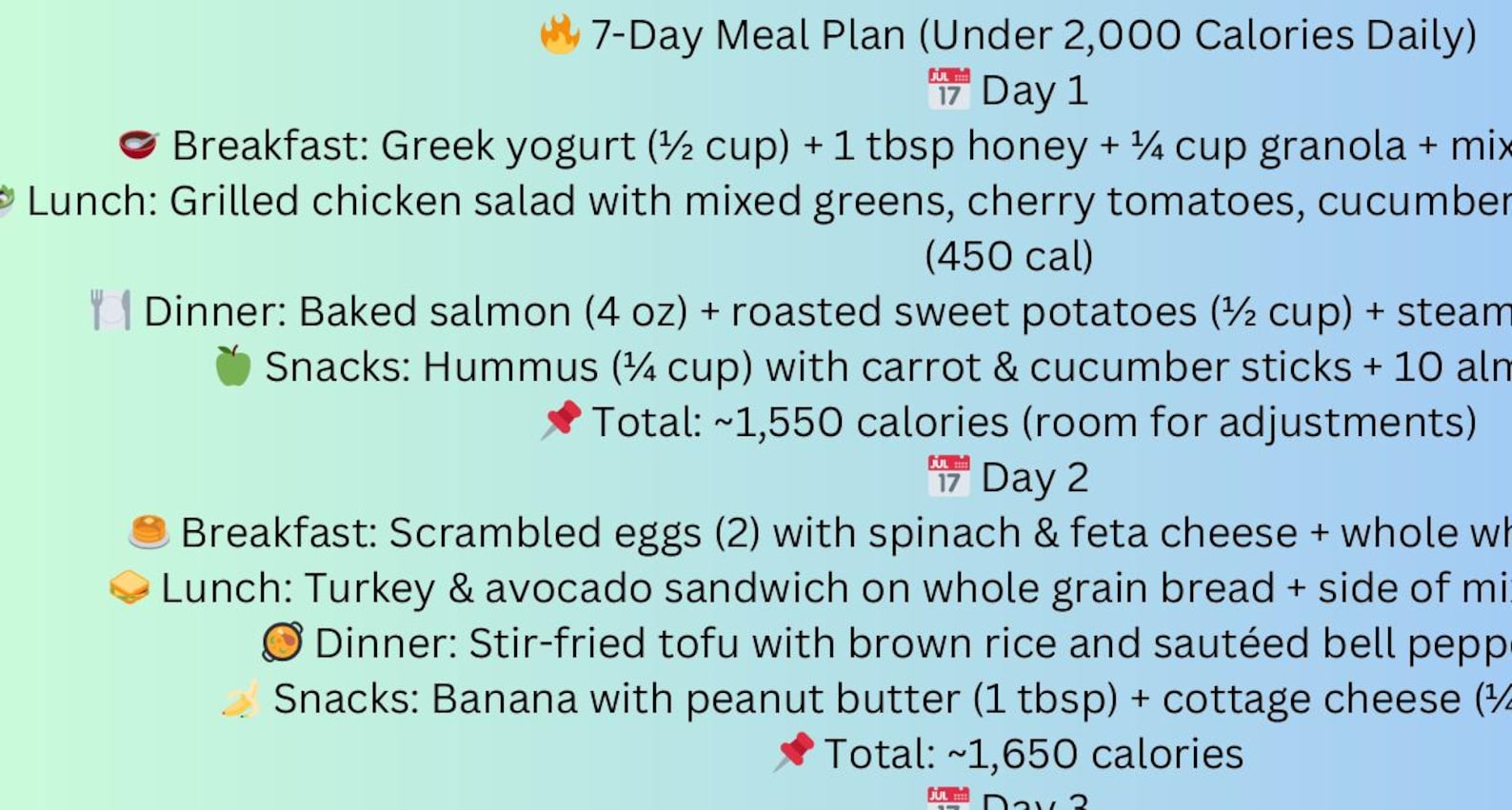 7-day Meal Plan With Breakfast, Lunch, Dinner & Snacks (under 2,000 ...