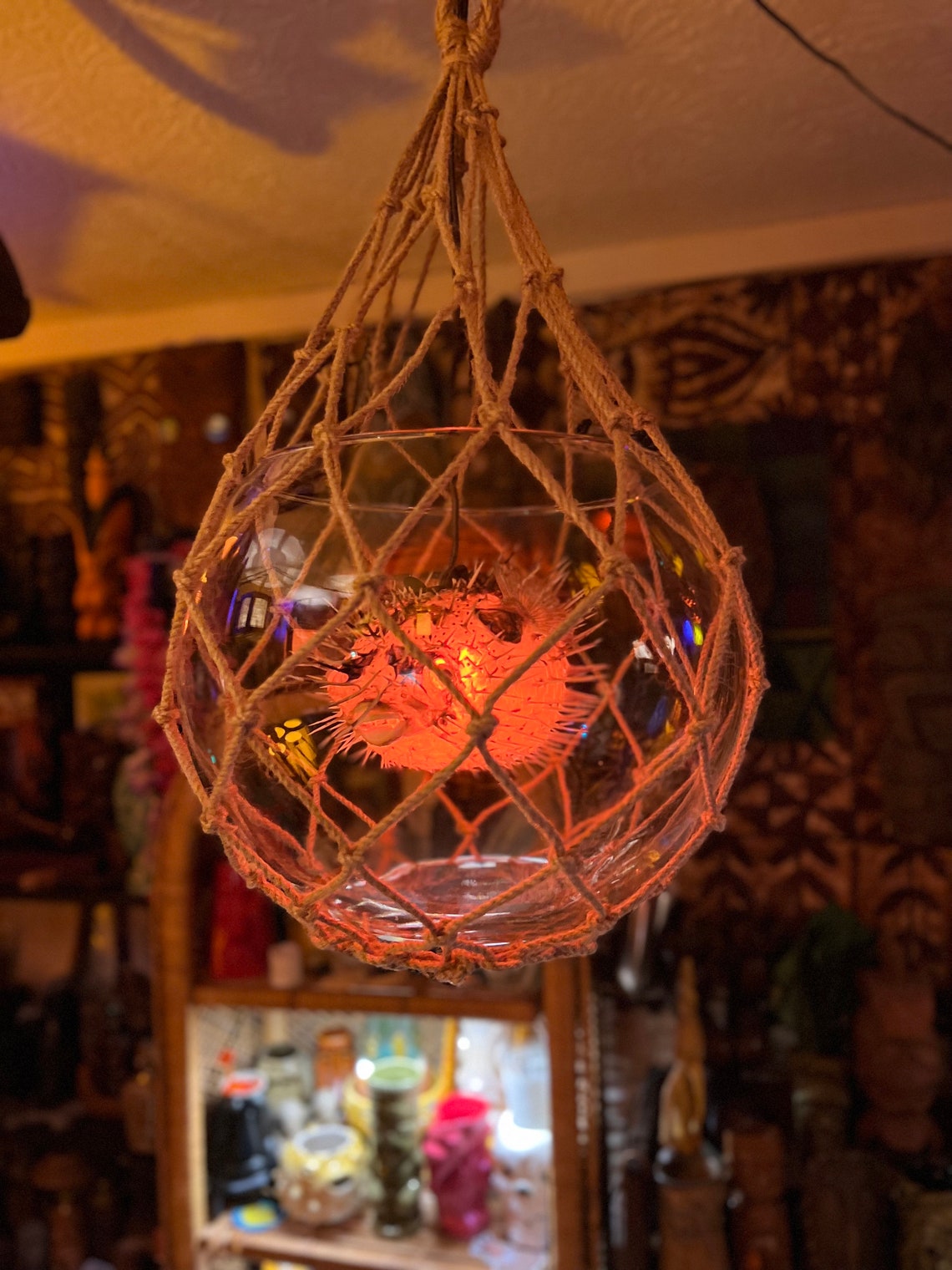 Tiki Lamp Puffer Fish in Float Glass Light Pendant Ceiling Decor Bar ...