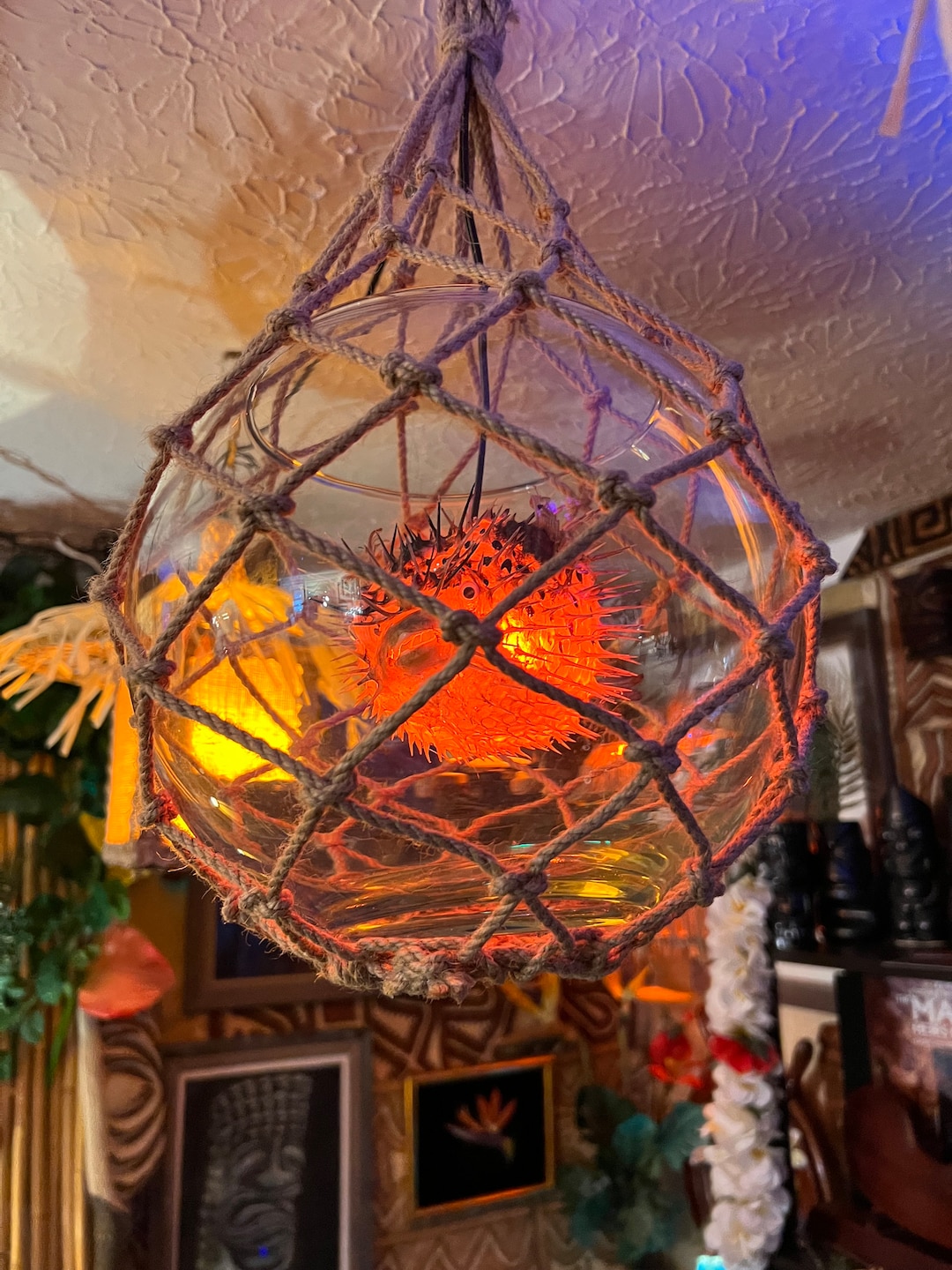 Tiki Lamp Puffer Fish in Float Glass Light Pendant Ceiling Decor Bar ...
