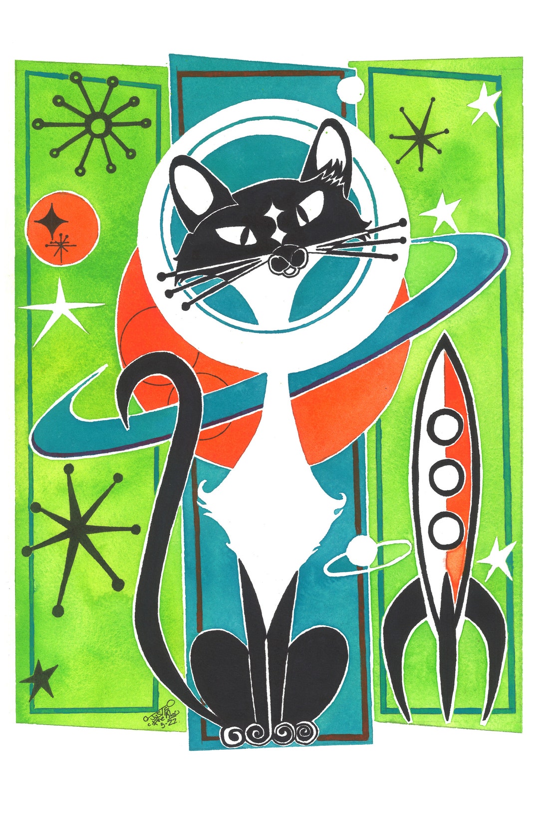 Mid Century Modern Cat Art Print, Wall Art, Black Cat Lover Gift, MCM ...