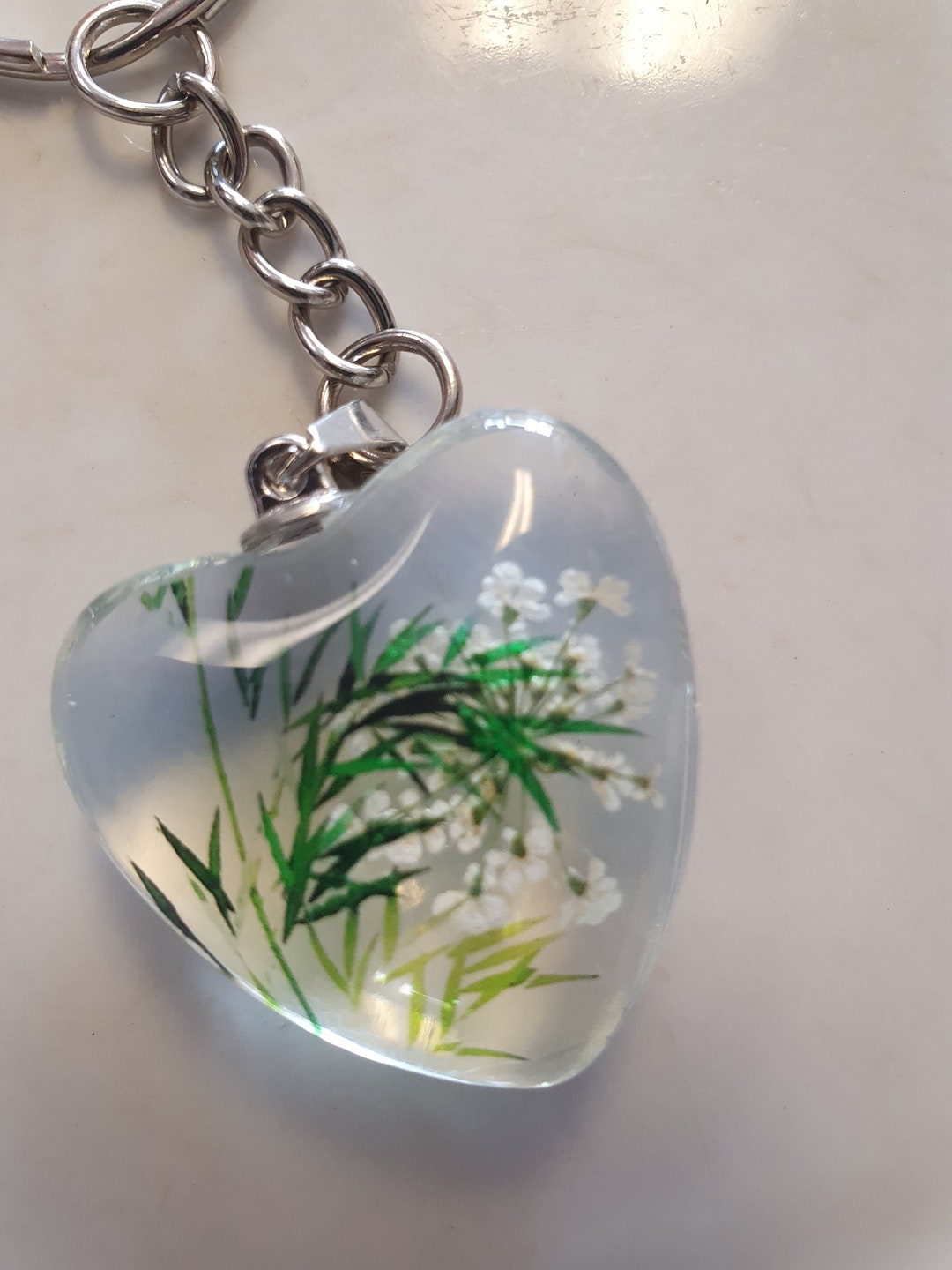 Key Chain, Fresh Dried Pressed Flowers in Resin Heart, Handmade Key ...