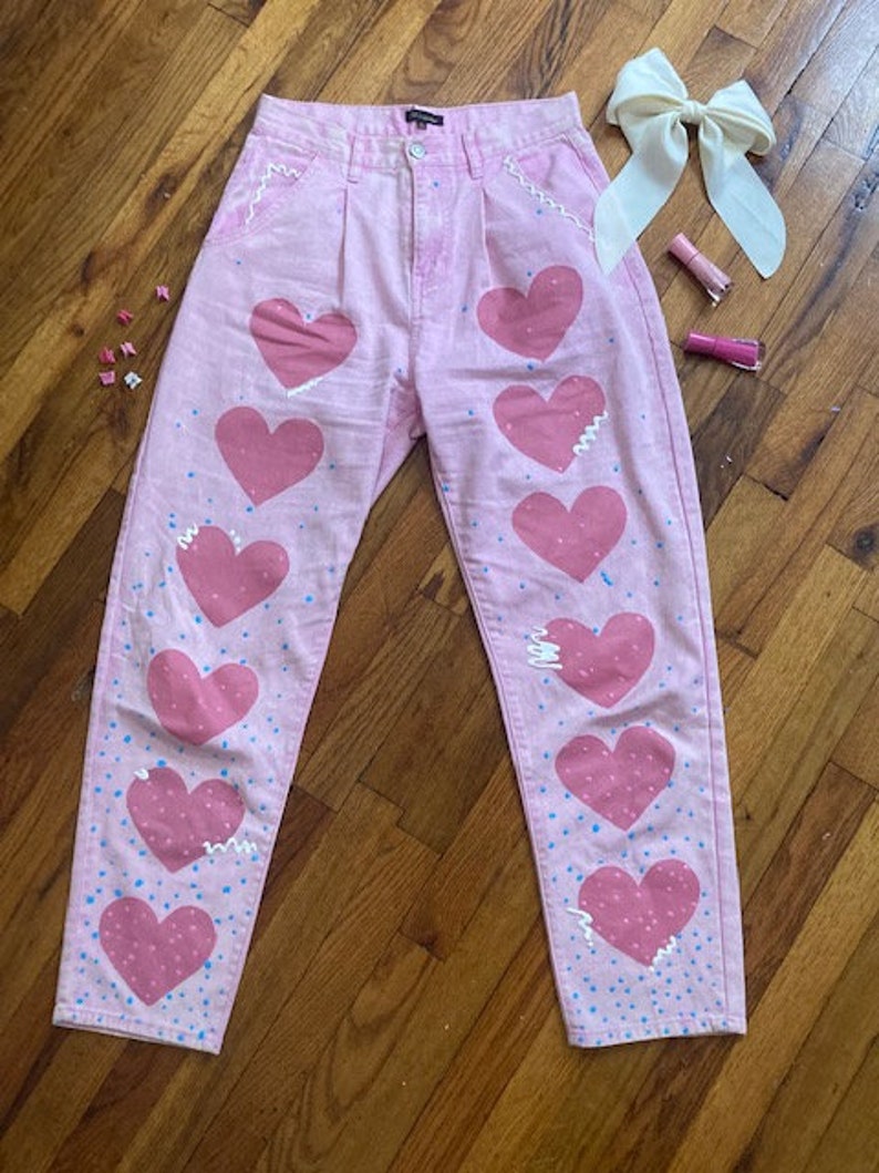 Women's Handpainted Pink Heart Jeans - Etsy