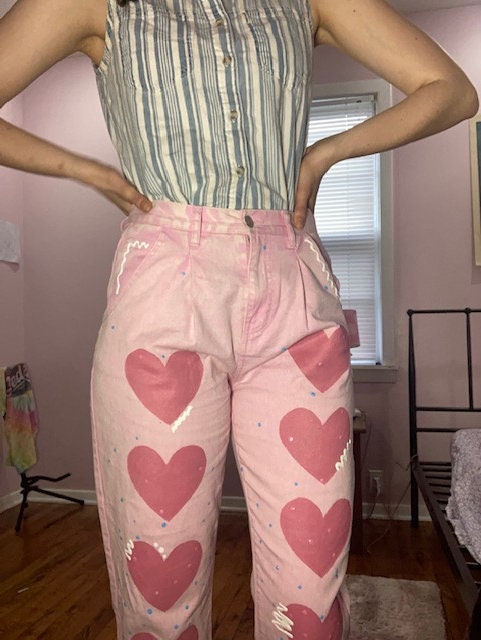 Women's Handpainted Pink Heart Jeans - Etsy