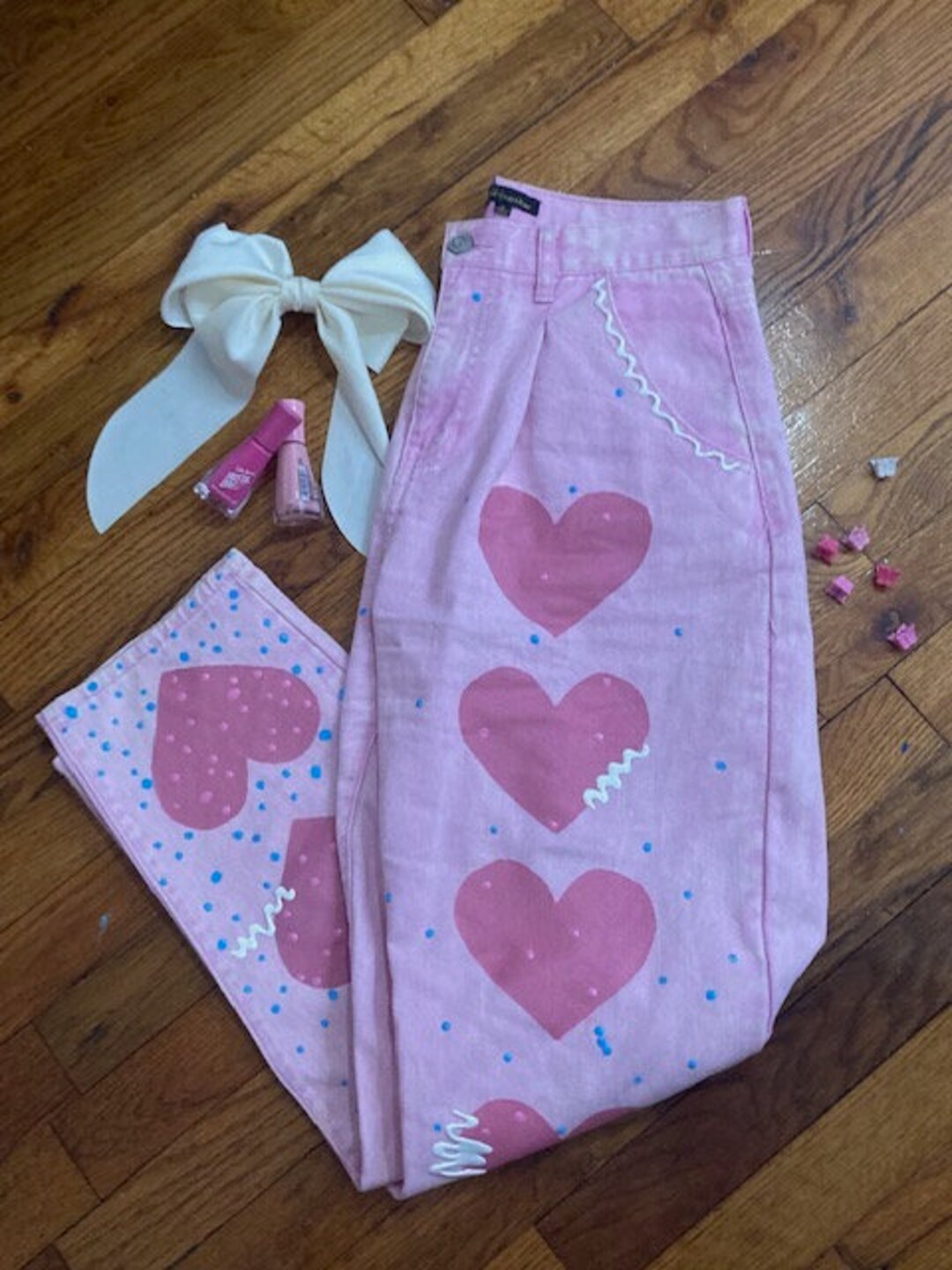 Women's Handpainted Pink Heart Jeans - Etsy