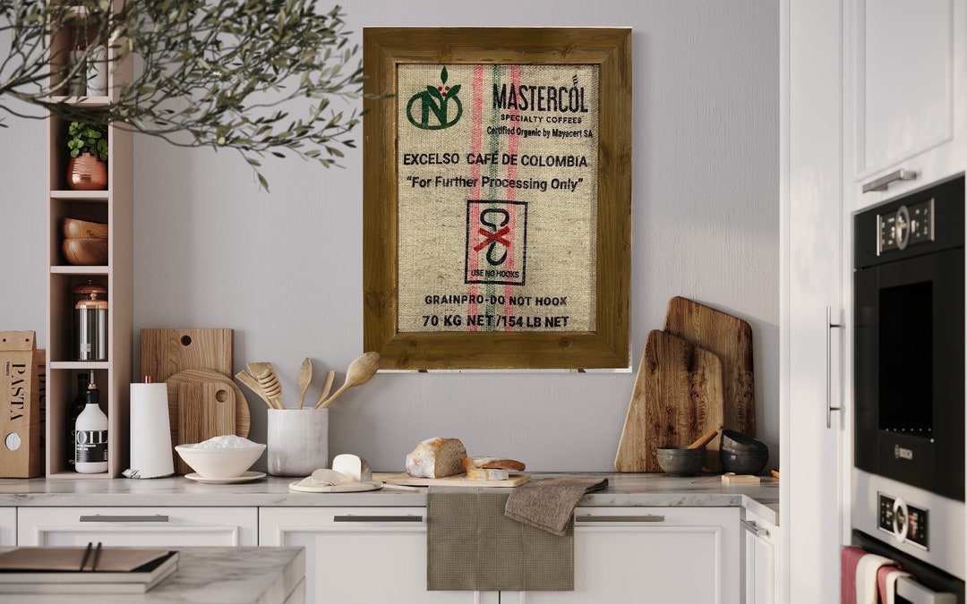 Artistic Coffee Sack Wall Art, Rustic Wood Frame, Handmade, Coffee Sack ...