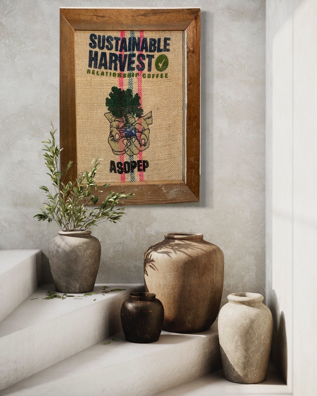 Artistic Coffee Sack Wall Art, Weathered Wood Frame, Handmade, Coffee ...