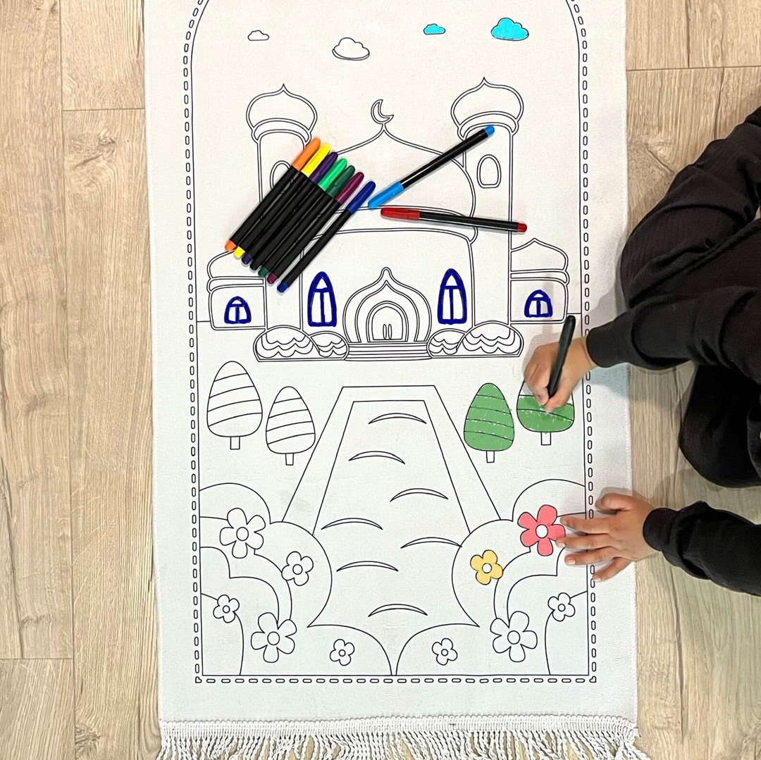 Colouring Prayer Mat ONLY. NO PENS Childrens Colour Kids Salah Mat Rug ...