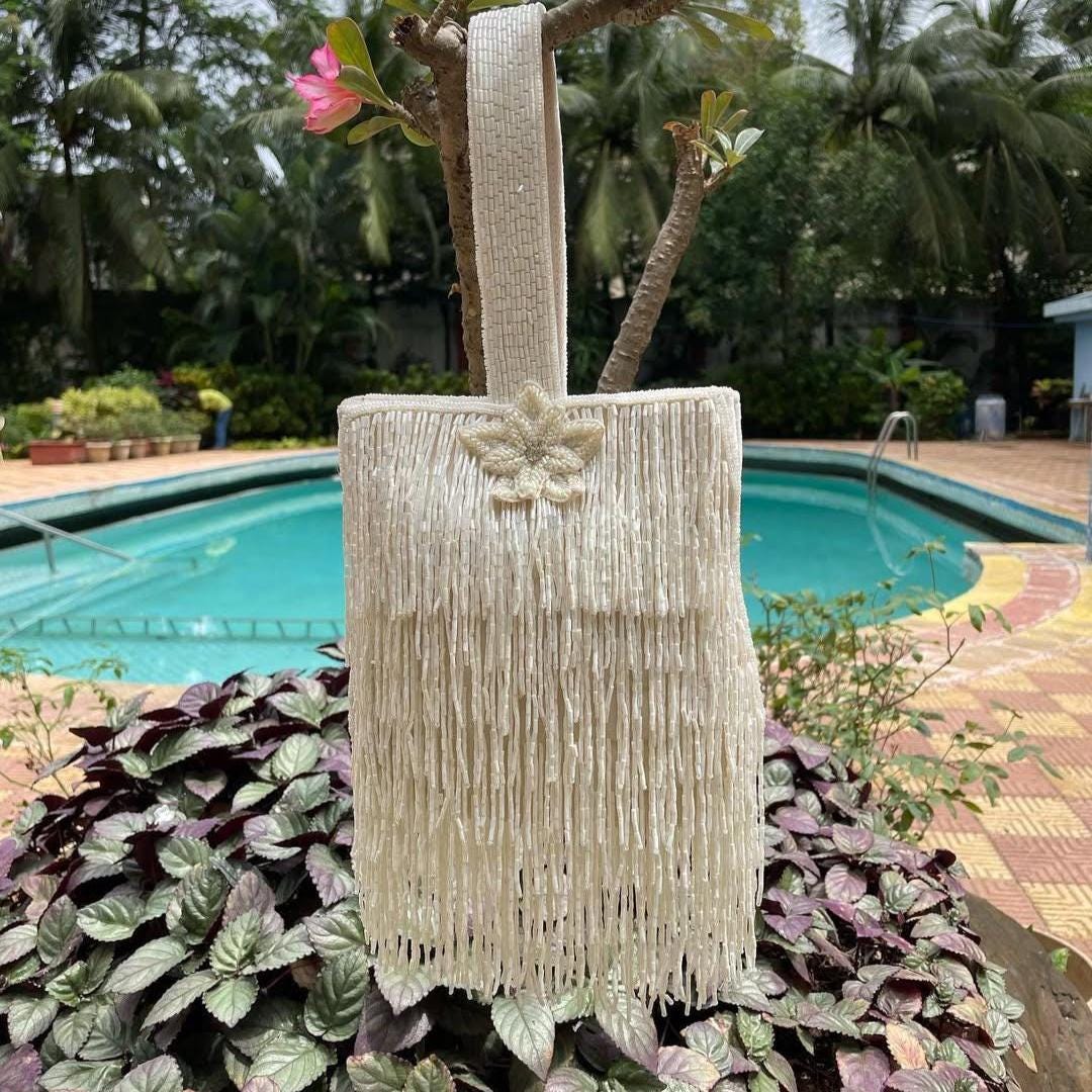 Ivory White Beaded Fringe Handbag With Handle, Handmade Pearl Evening ...