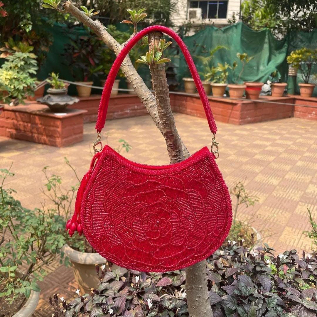 Red Hand Beaded Evening Bag With Floral Pattern, Handmade Bridal ...