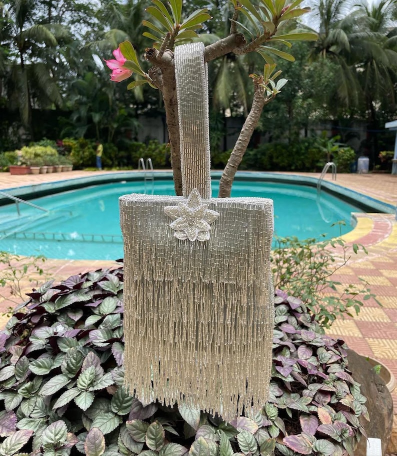 Ivory White Beaded Fringe Handbag With Handle, Handmade Pearl Evening ...