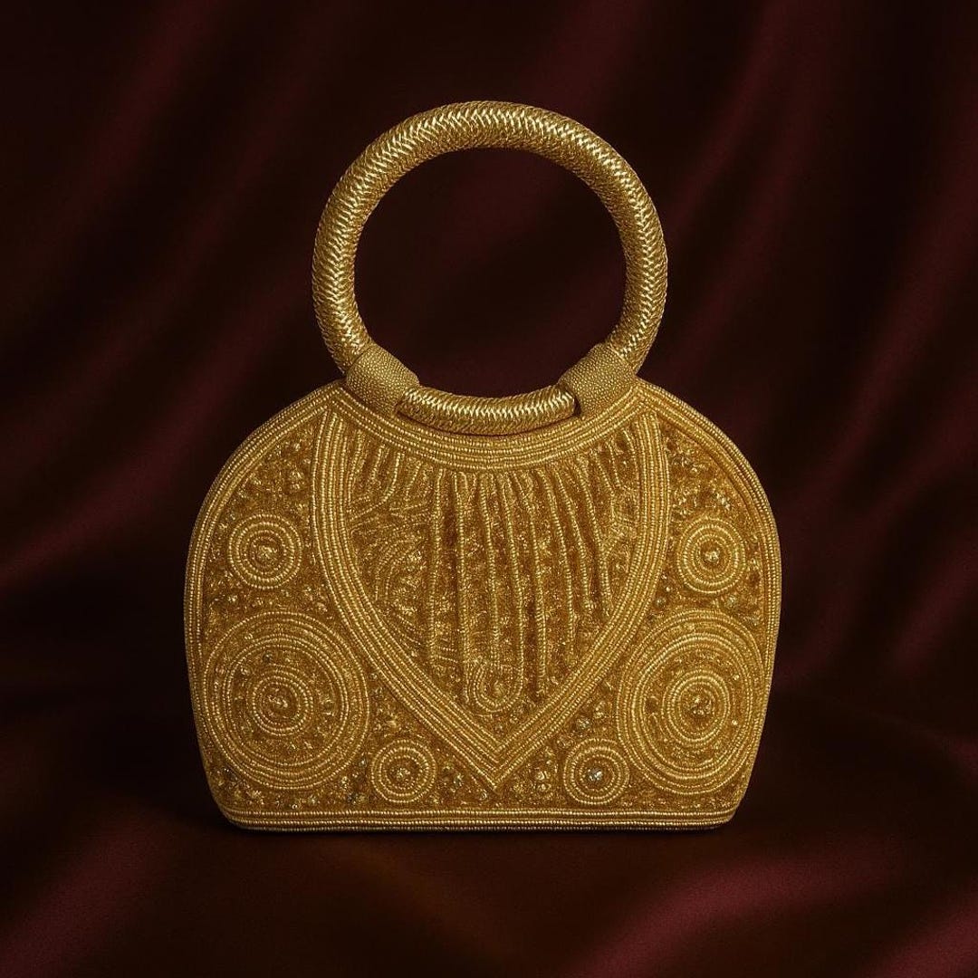 Luxury Gold Circular Handle Handbag With Heavy Beadwork, Wedding ...