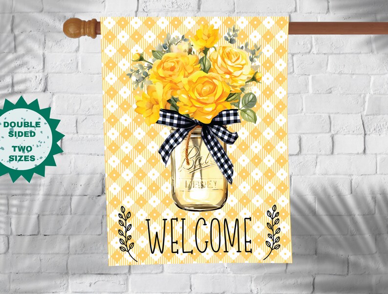 Welcome Yellow Gingham Rose Bouquet Flag Charming Farmhouse Decor ...