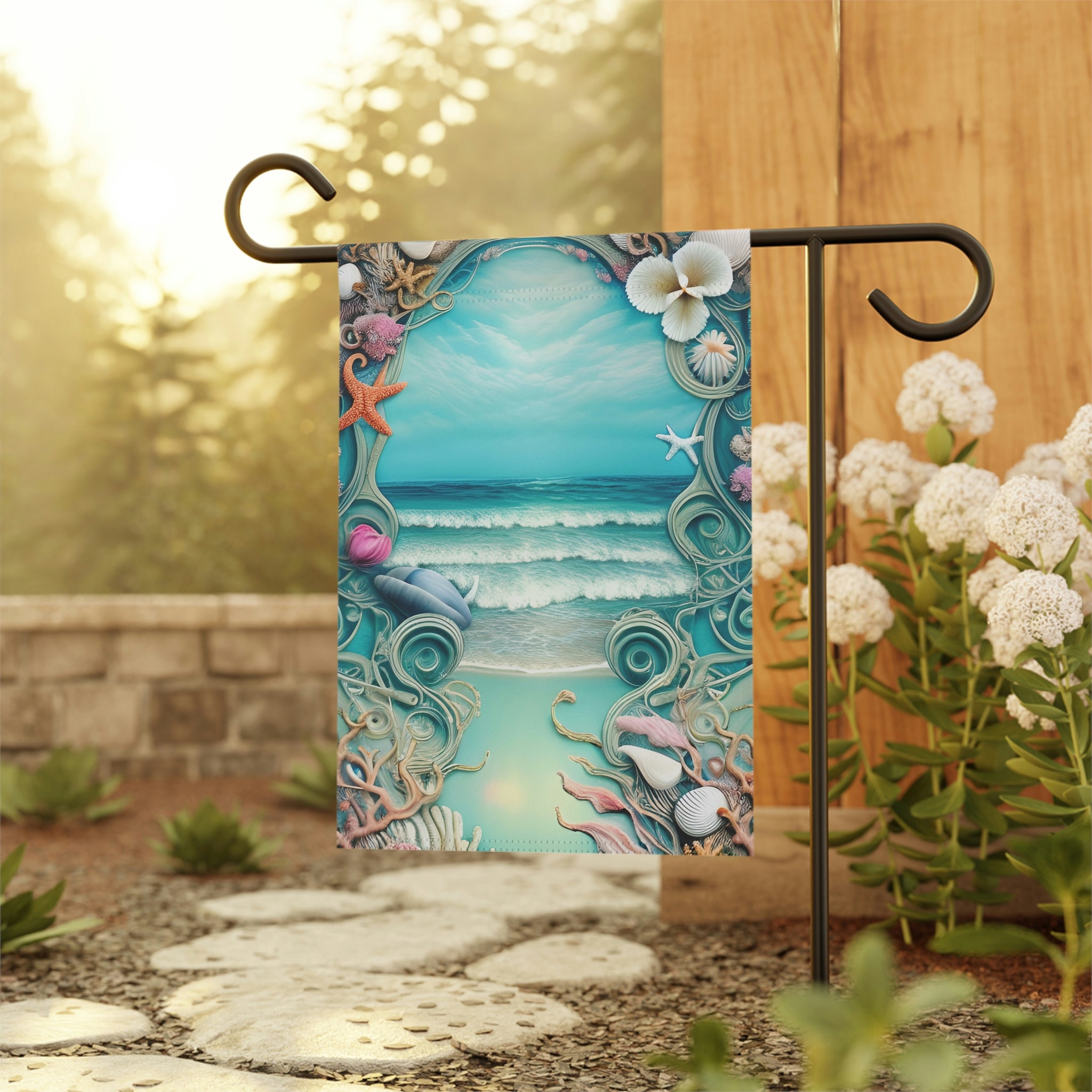 Whimsical Beachscape House and Garden Banner Flag for Beach House ...