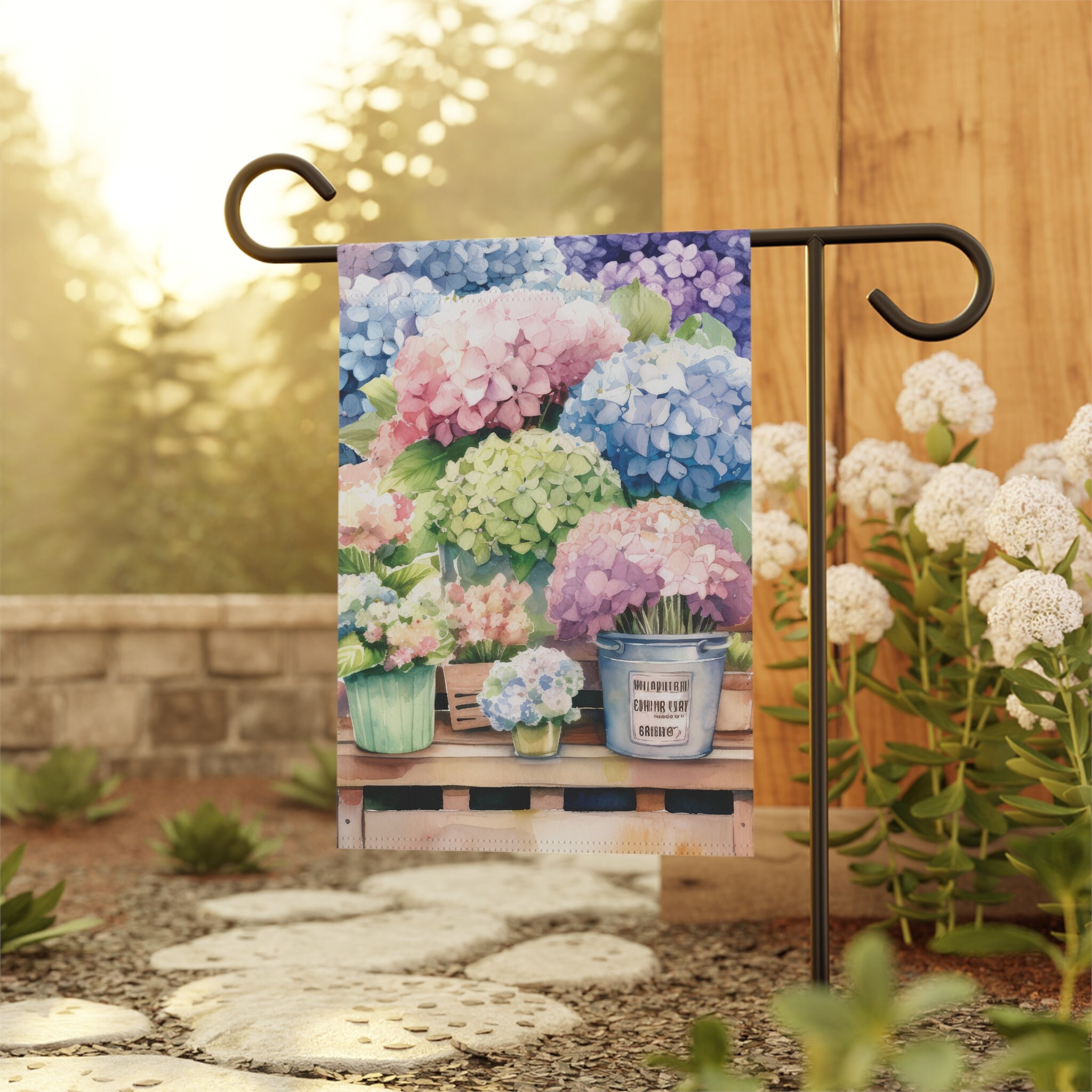 Hydrangea Workbench Flag Potted Hydrangeas Shades of Purple, Pink, Blue ...