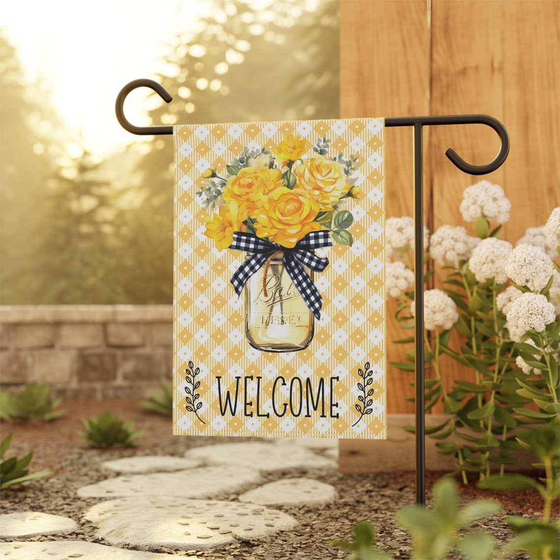 Welcome Yellow Gingham Rose Bouquet Flag Charming Farmhouse Decor ...