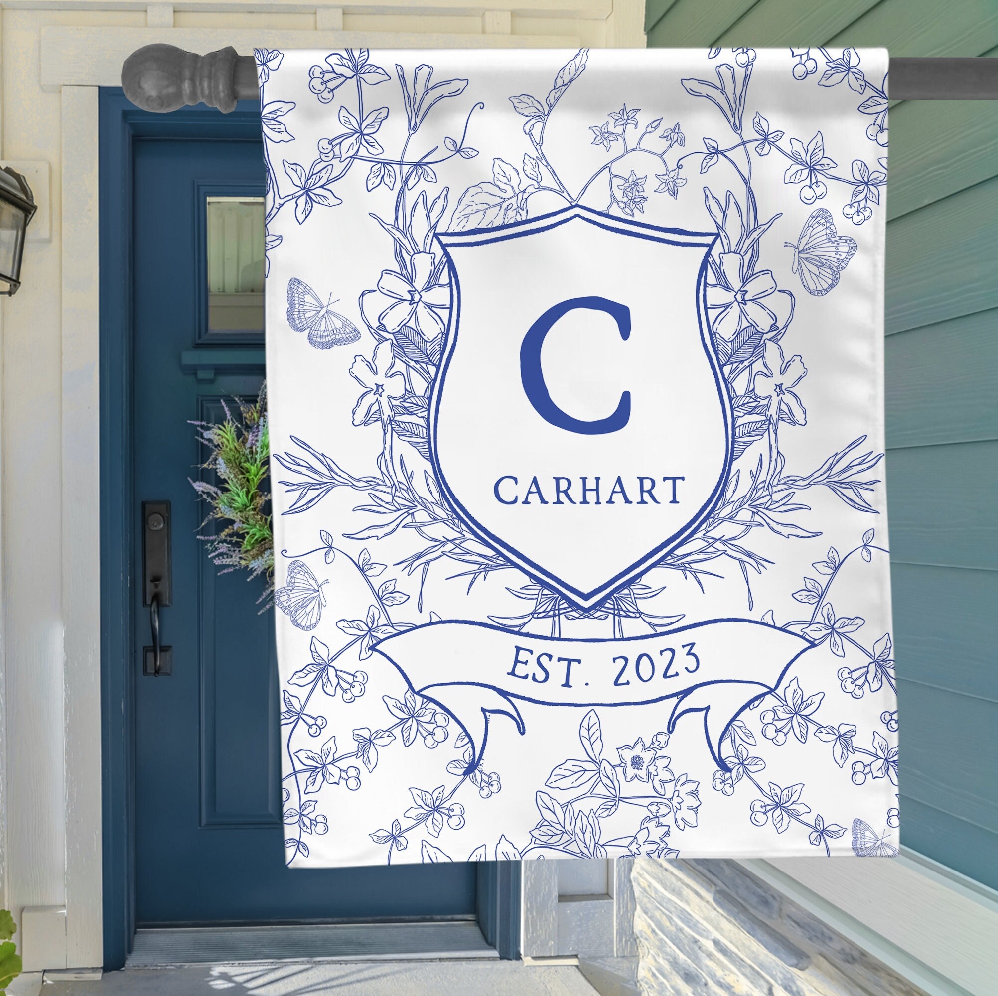 Chinoiserie Monogram Customizable Floral Flag Blue White Personalized ...