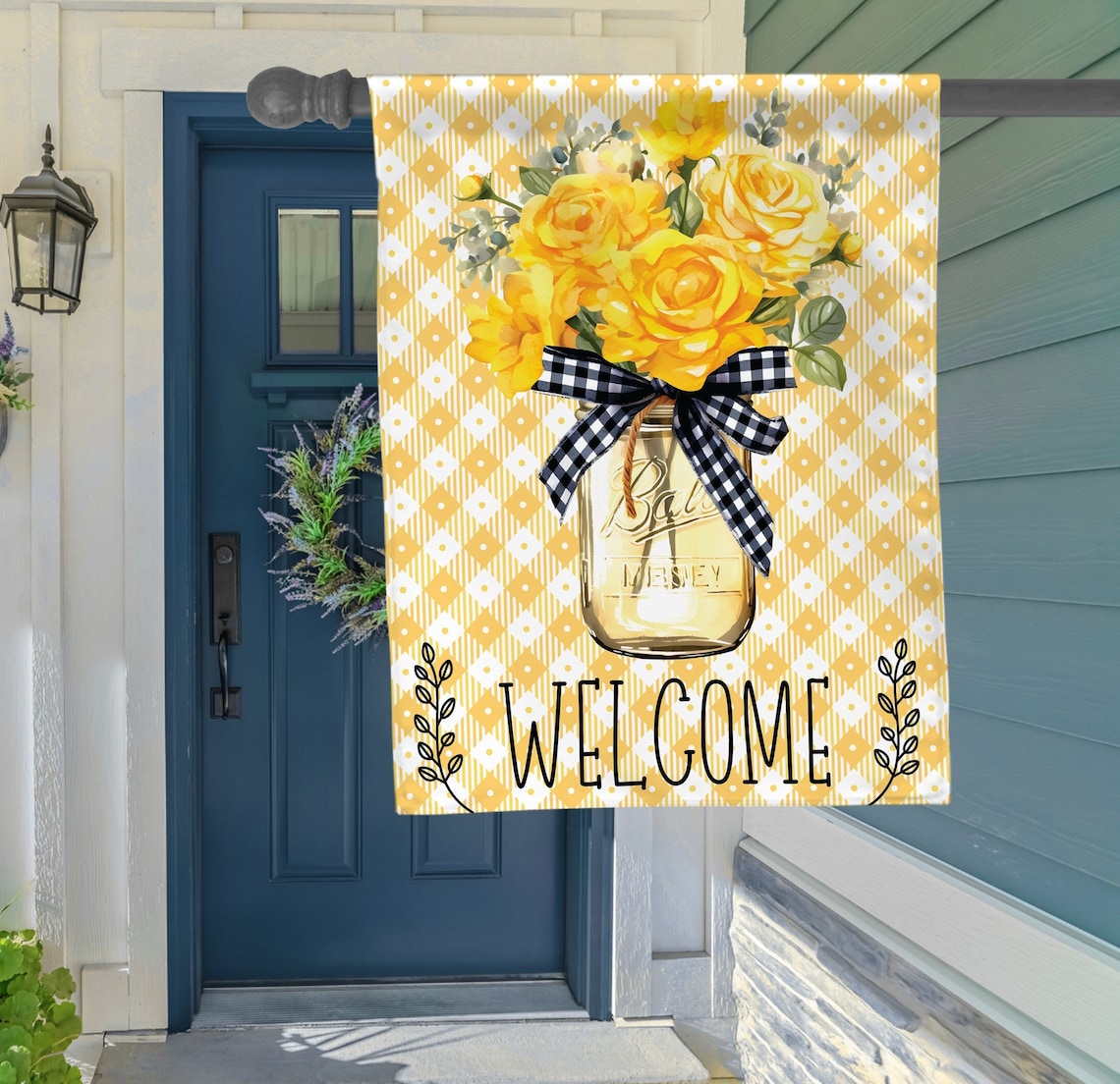 Welcome Yellow Gingham Rose Bouquet Flag Charming Farmhouse Decor ...