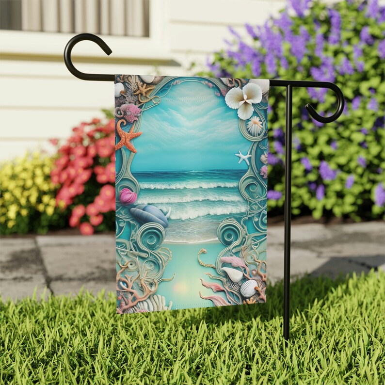 Whimsical Beachscape House and Garden Banner Flag for Beach House ...