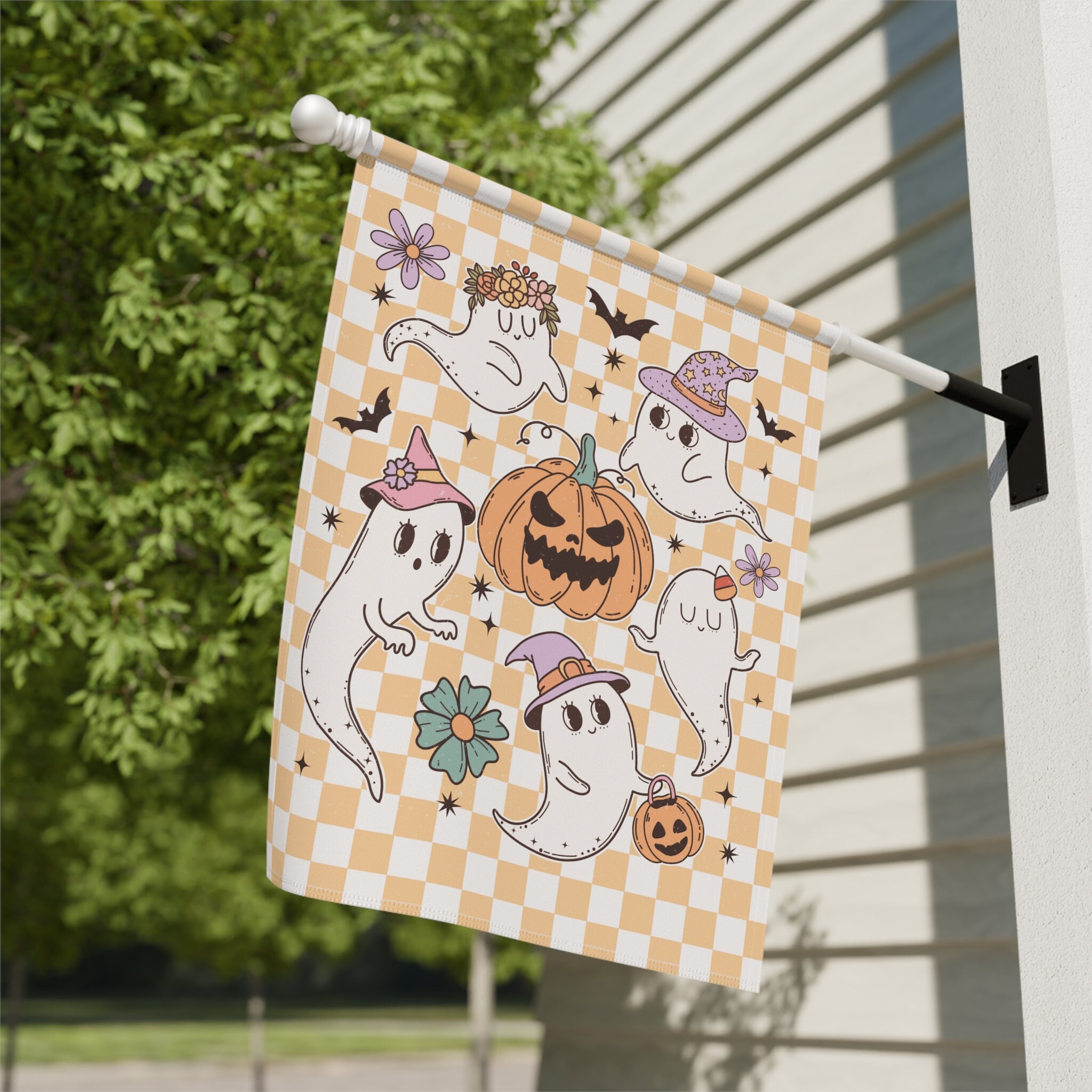 Retro Ghosts Ghouls Cute Flag Flowers Checkerboard Vintage Halloween ...