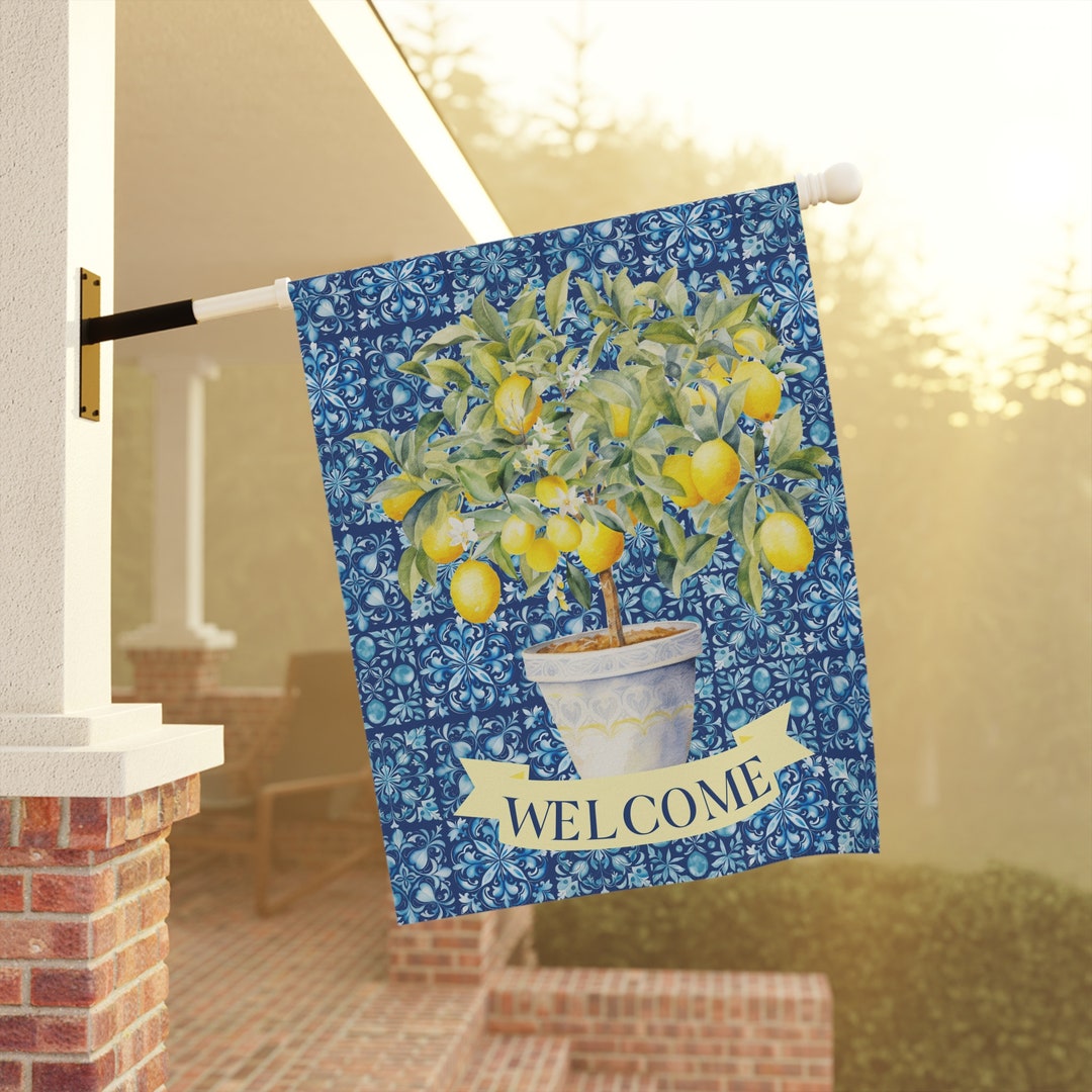 Lemon Tree Santorini Blue Tile Mosaic Chinoiserie Welcome Flag for Home ...