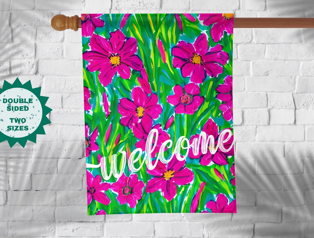 Bight Pink Daisy Welcome Floral Spring Summer House and Garden Banner ...