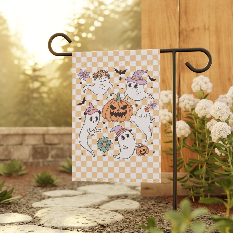 Retro Ghosts Ghouls Cute Flag Flowers Checkerboard Vintage Halloween ...