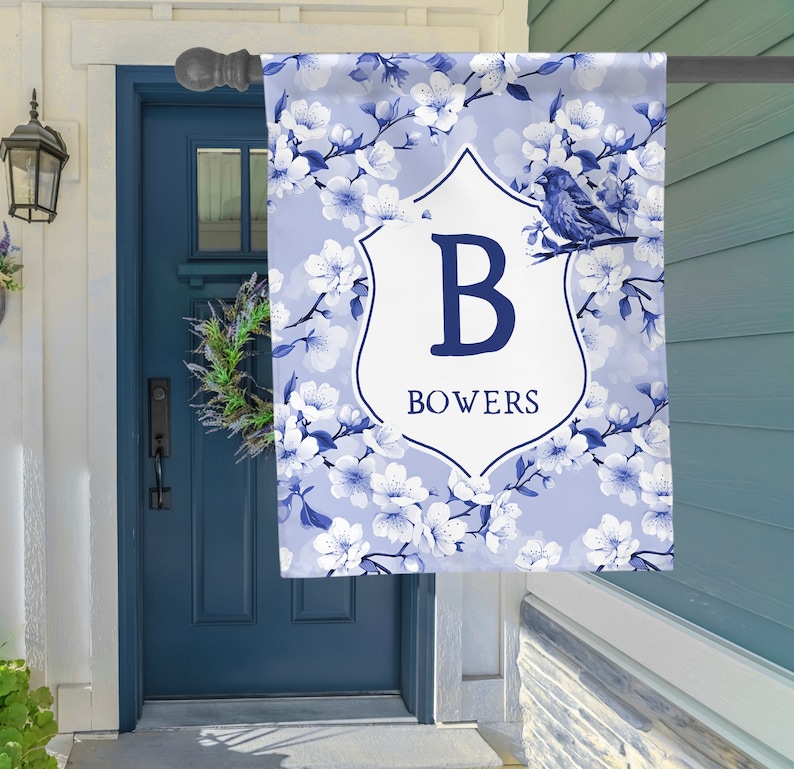 Blue Bird Chinoiserie Monogram Customizable Floral Flag Blue White ...