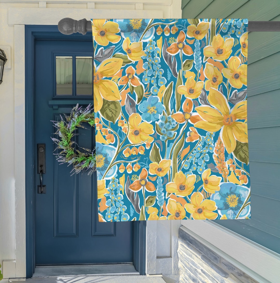 Watercolor Wildflowers Flag Golden Yellow & Cornflower Blue Garden Flag ...
