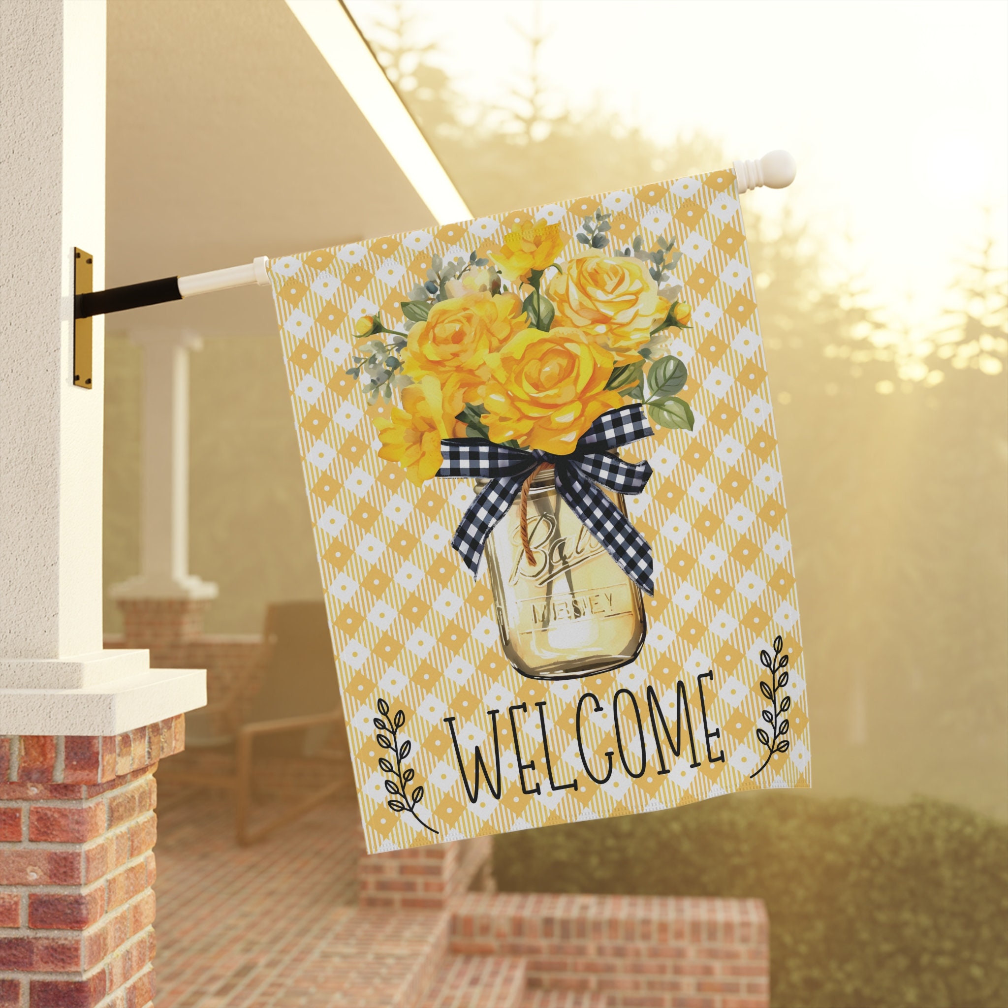 Welcome Yellow Gingham Rose Bouquet Flag Charming Farmhouse Decor ...