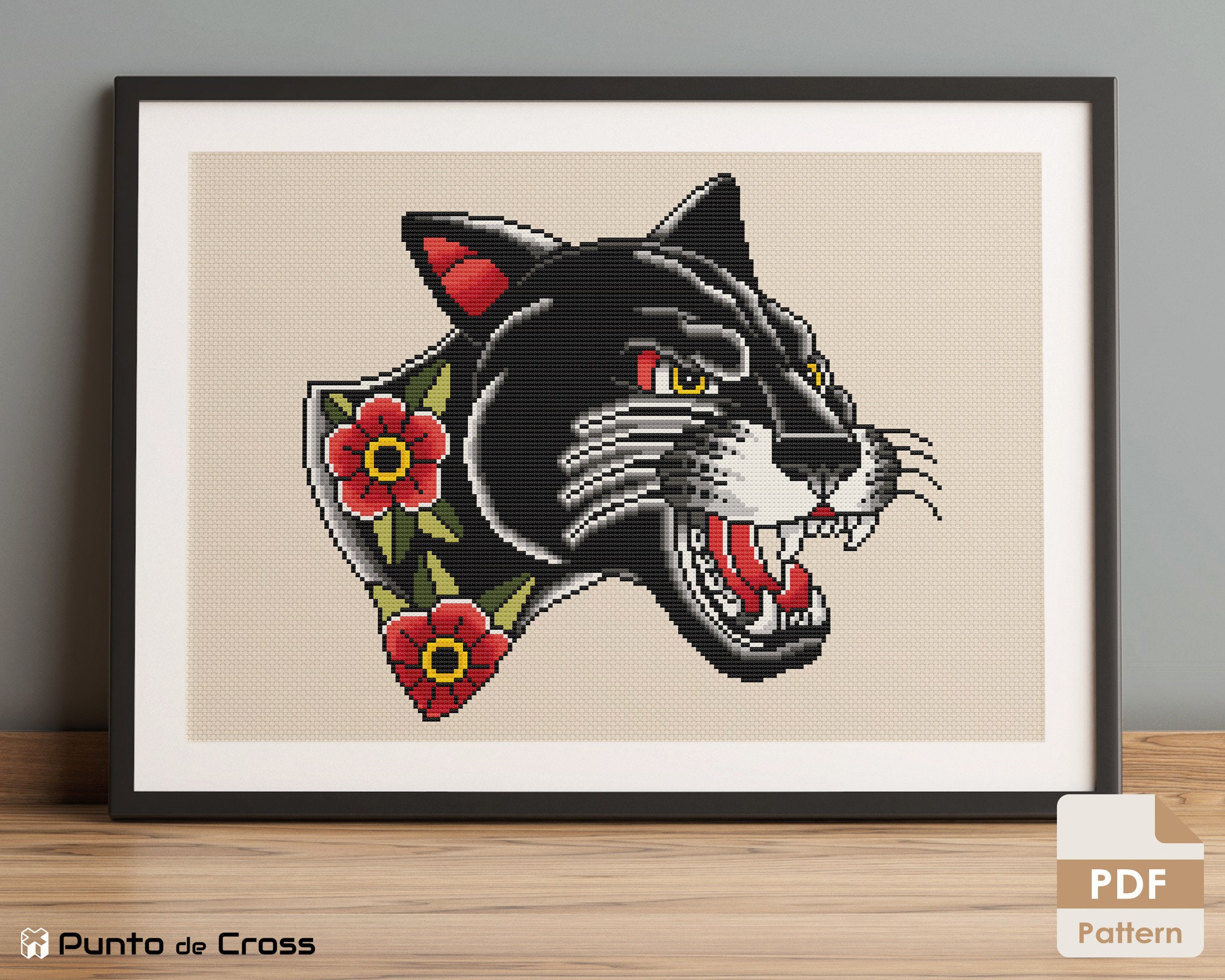 Panther Cross Stitch Pattern, Old School Tattoo Panther Cross Stitch ...