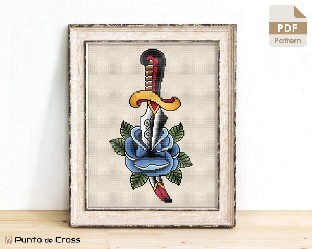 Dagger Cross Stitch Pattern, Old School Tattoo Dagger Cross Stitch ...