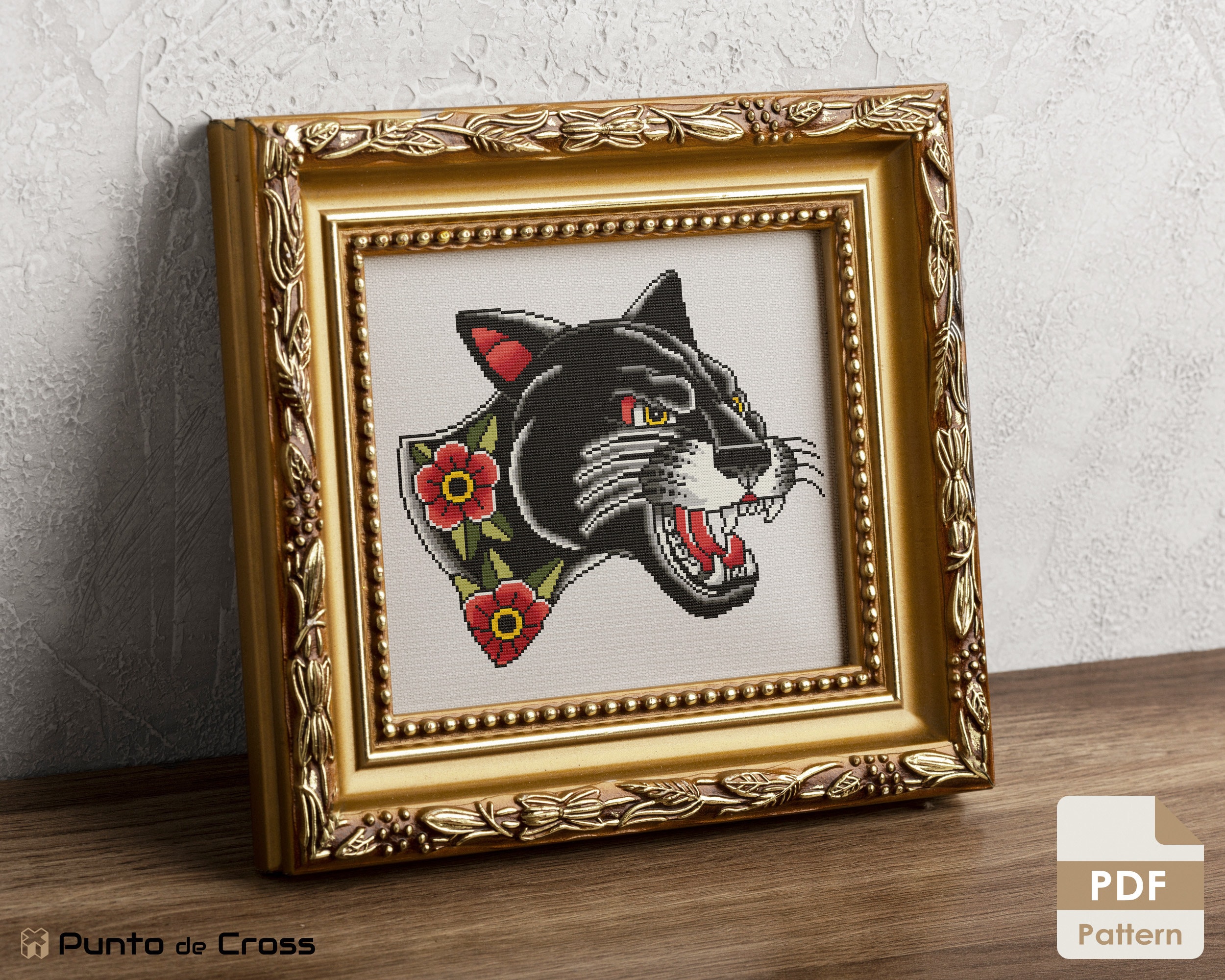 Panther Cross Stitch Pattern, Old School Tattoo Panther Cross Stitch ...