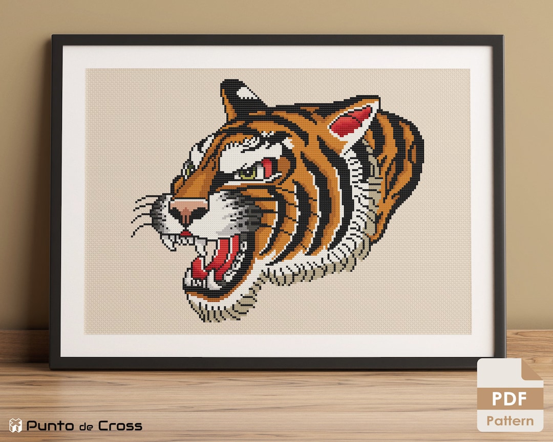 Tiger Cross Stitch Pattern, Old School Tattoo Tiger Cross Stitch, Tiger ...