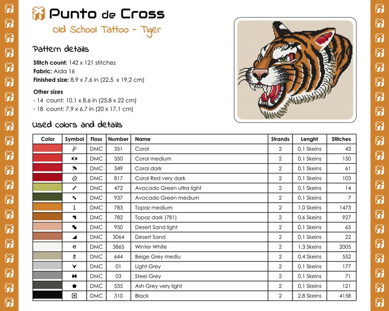Tiger Cross Stitch Pattern Old School Tattoo Tiger Cross - Etsy