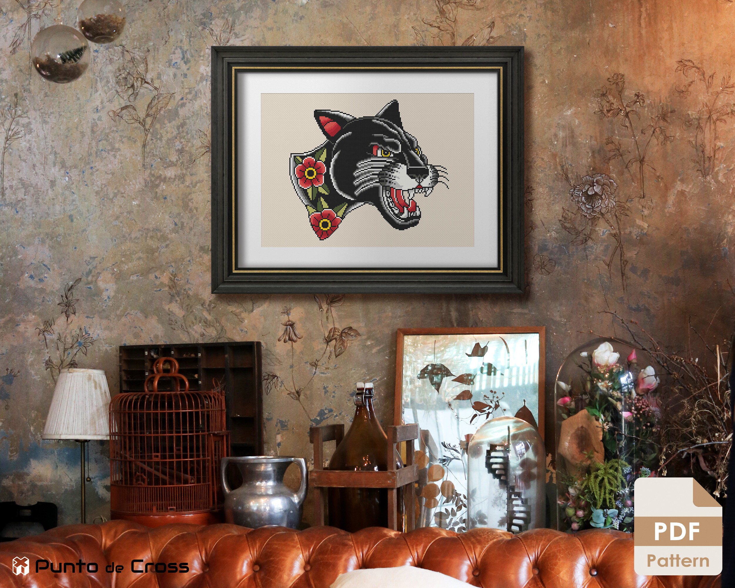 Panther Cross Stitch Pattern, Old School Tattoo Panther Cross Stitch ...